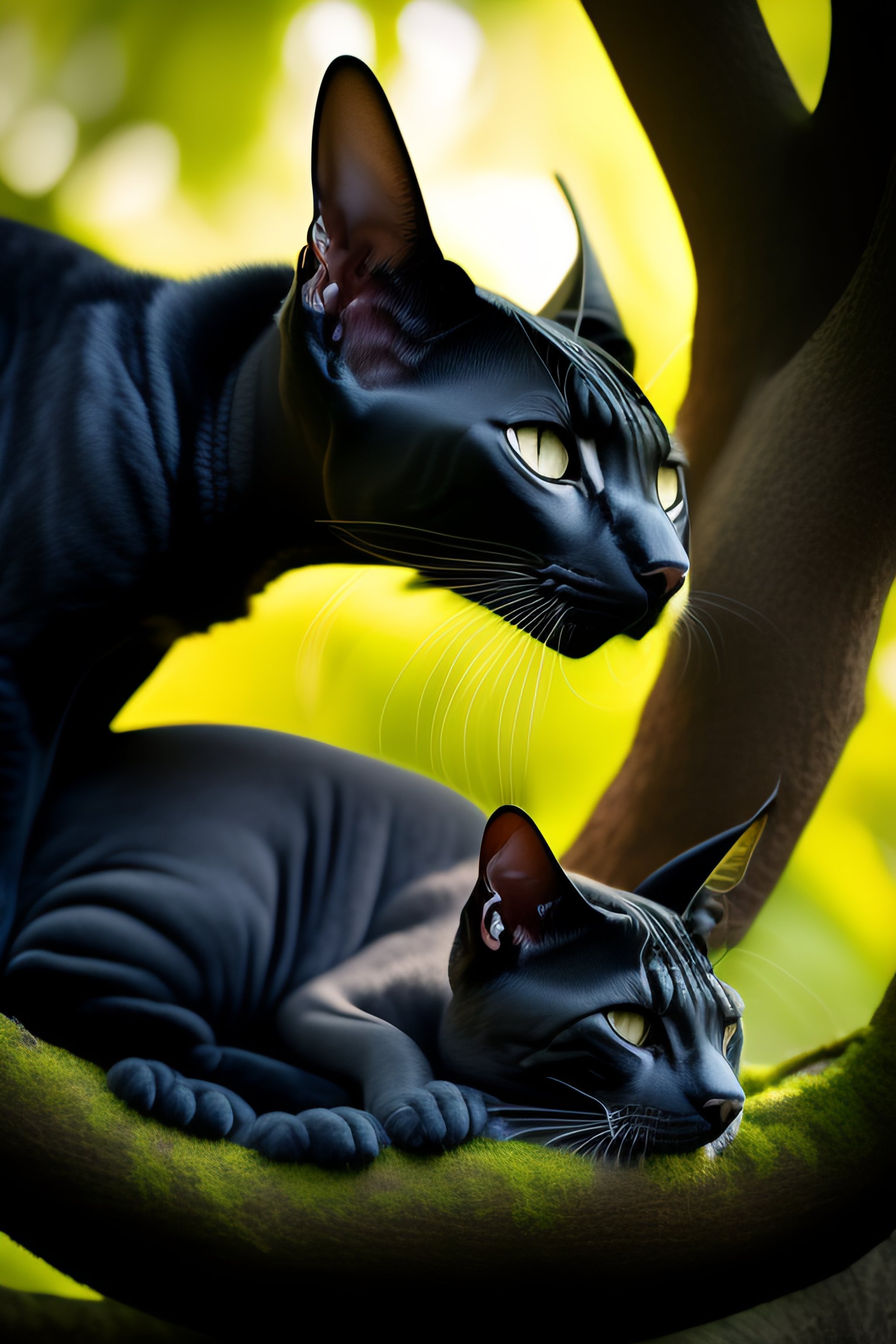 Lexica - Wide angle view from a distance of a black sphinx cat sleeping ...