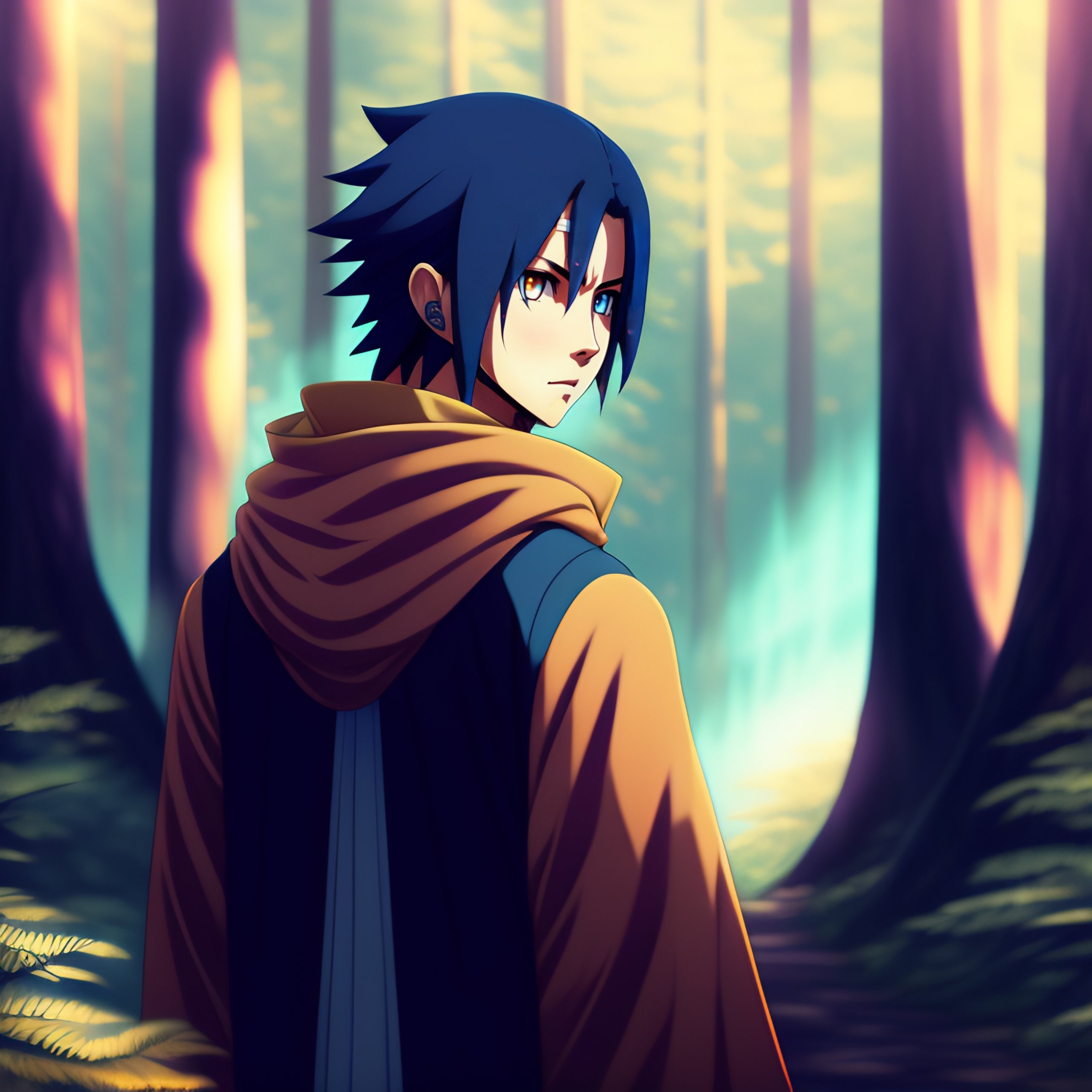 Lexica - Sasuke Uchiha from Naruto, early 20s, travelling in a forest ...