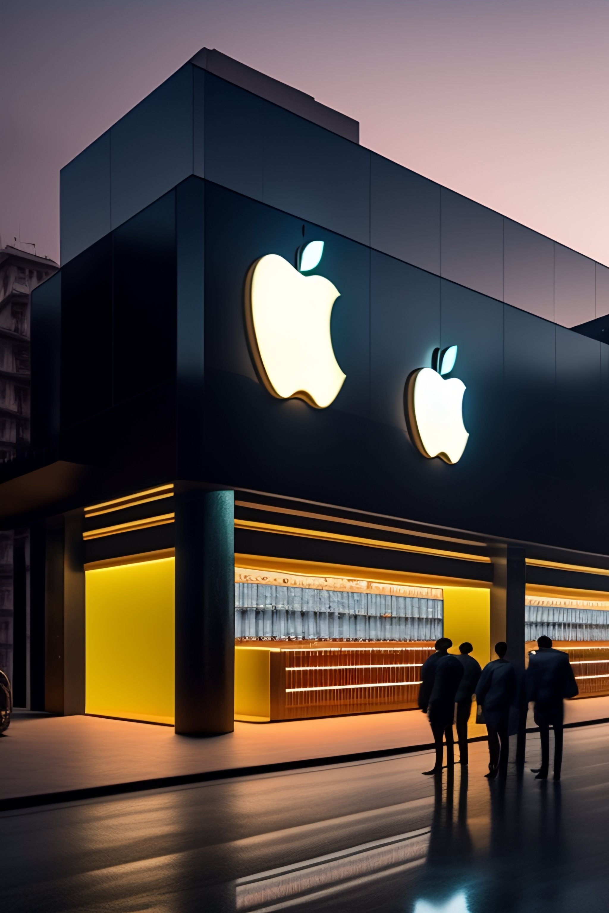 Lexica - An night-time exterior view of a large Apple Store in downtown ...