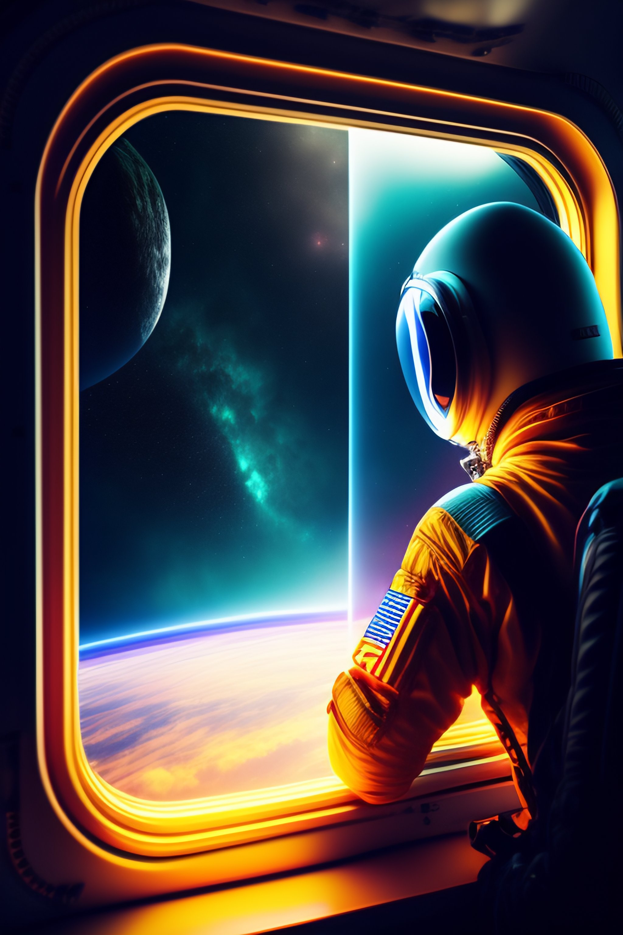 Lexica - An astronaut looking out the window of a spaceship, ultra ...