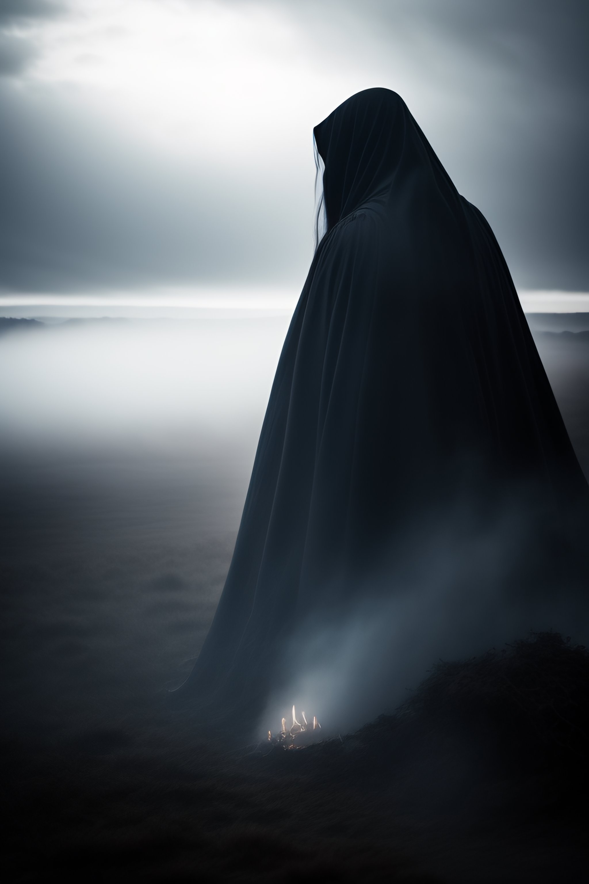 Lexica - Photograph of a dark woman-ghost crouching on a barren mire ...