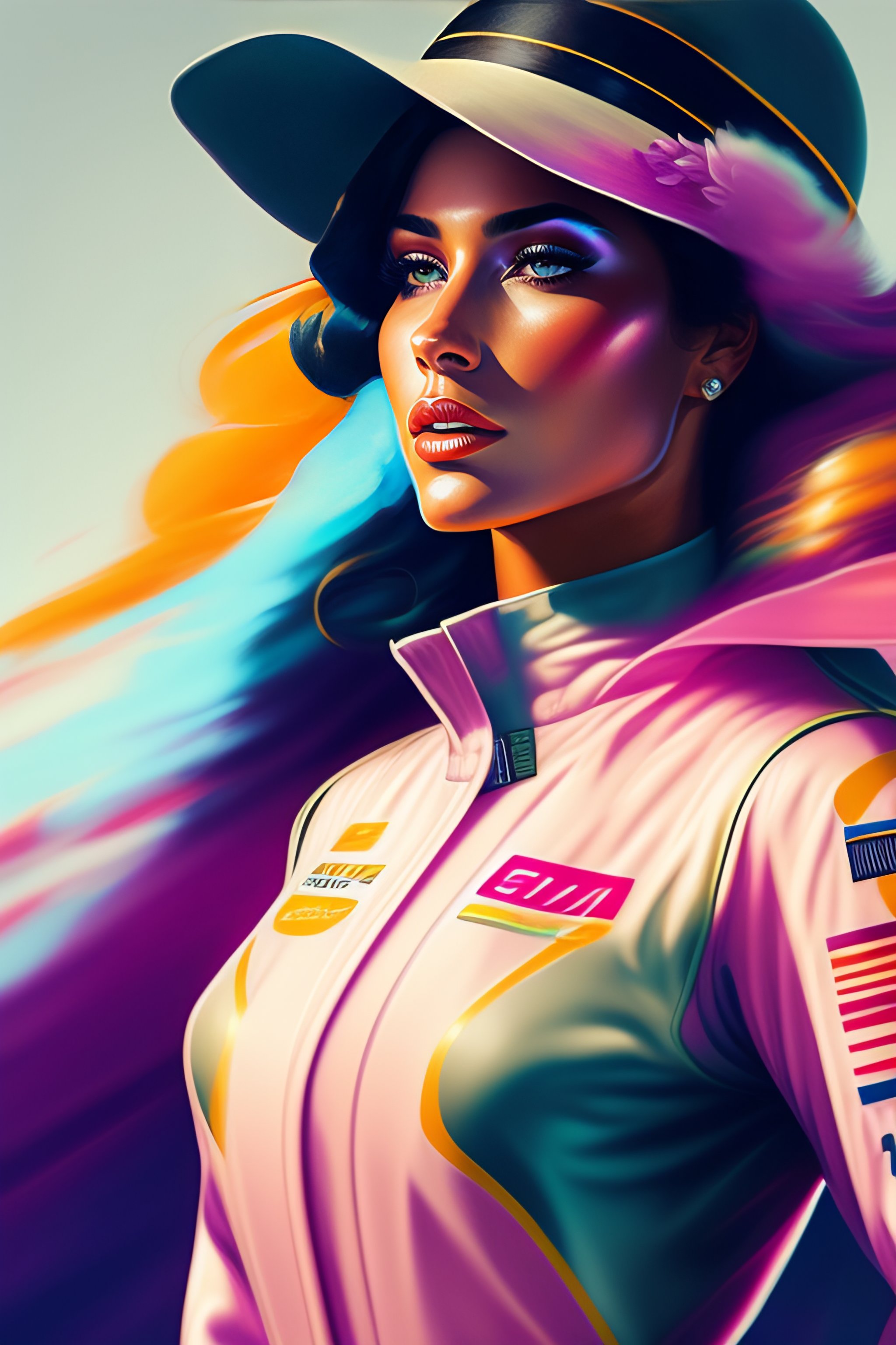 Lexica - "Female F1 driver in a floral jumpsuit mid-race" by Syd Mead ...