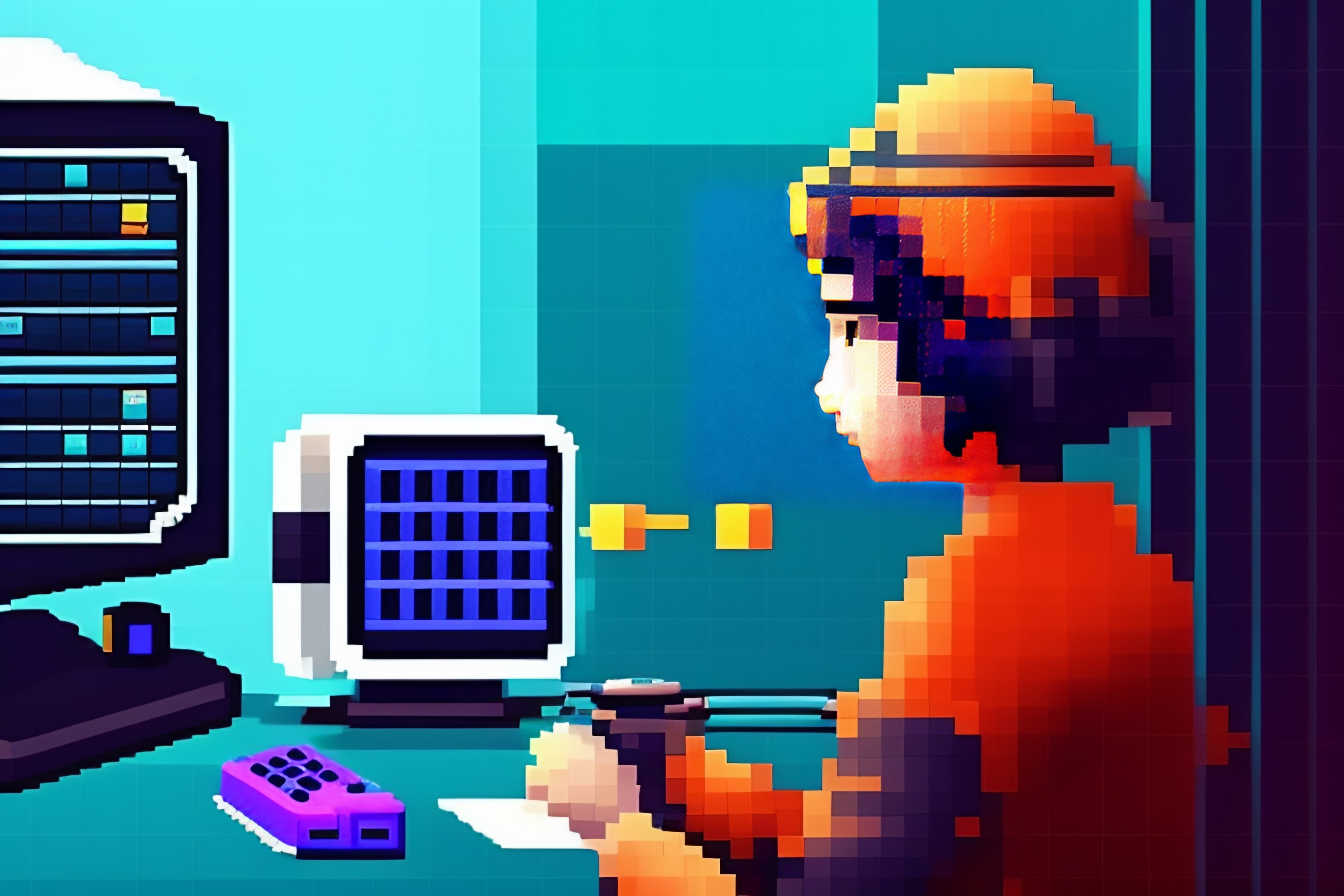 Lexica - A lo-fi pixel art of AI bot designing