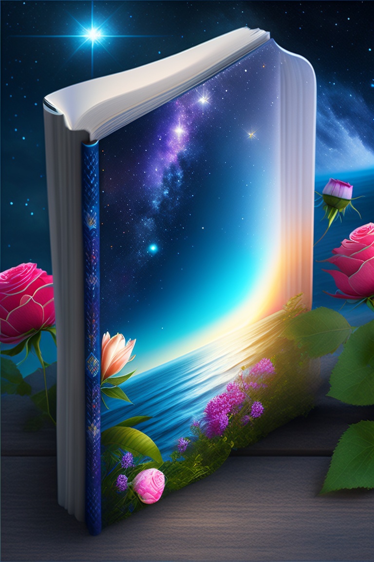 Lexica - Open book, page with roses and spring blossum, blue sea, on ...