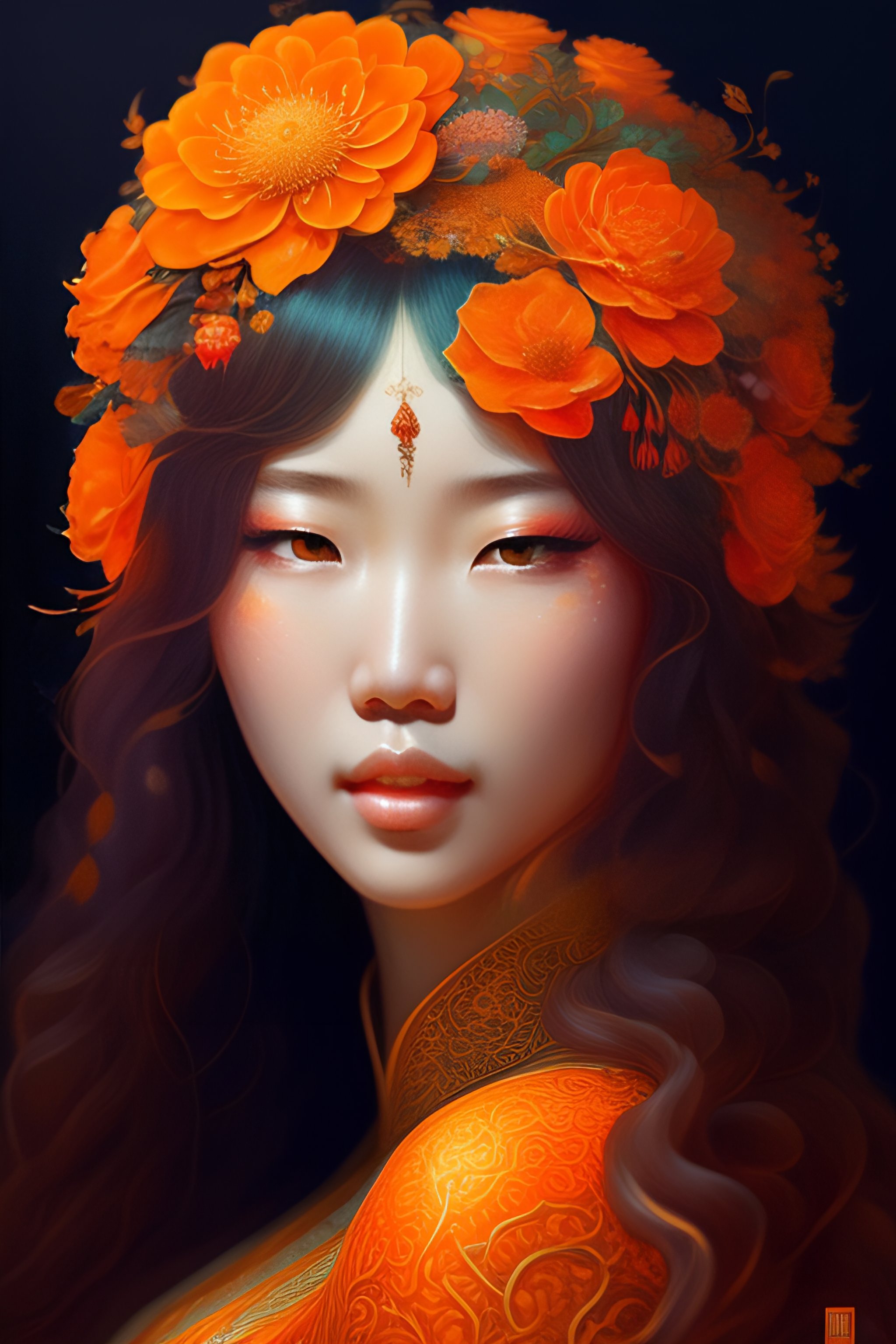 Lexica - Beautiful cute front portrait Korean ninfa, big long curly ...