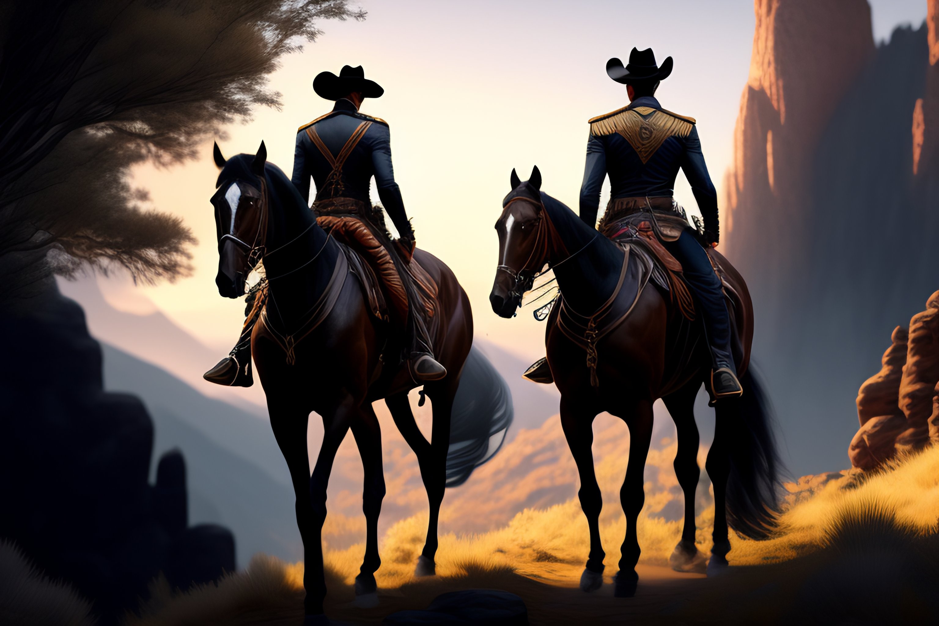 Lexica - Black cowboy rides down a steep trail above a valley , color ...