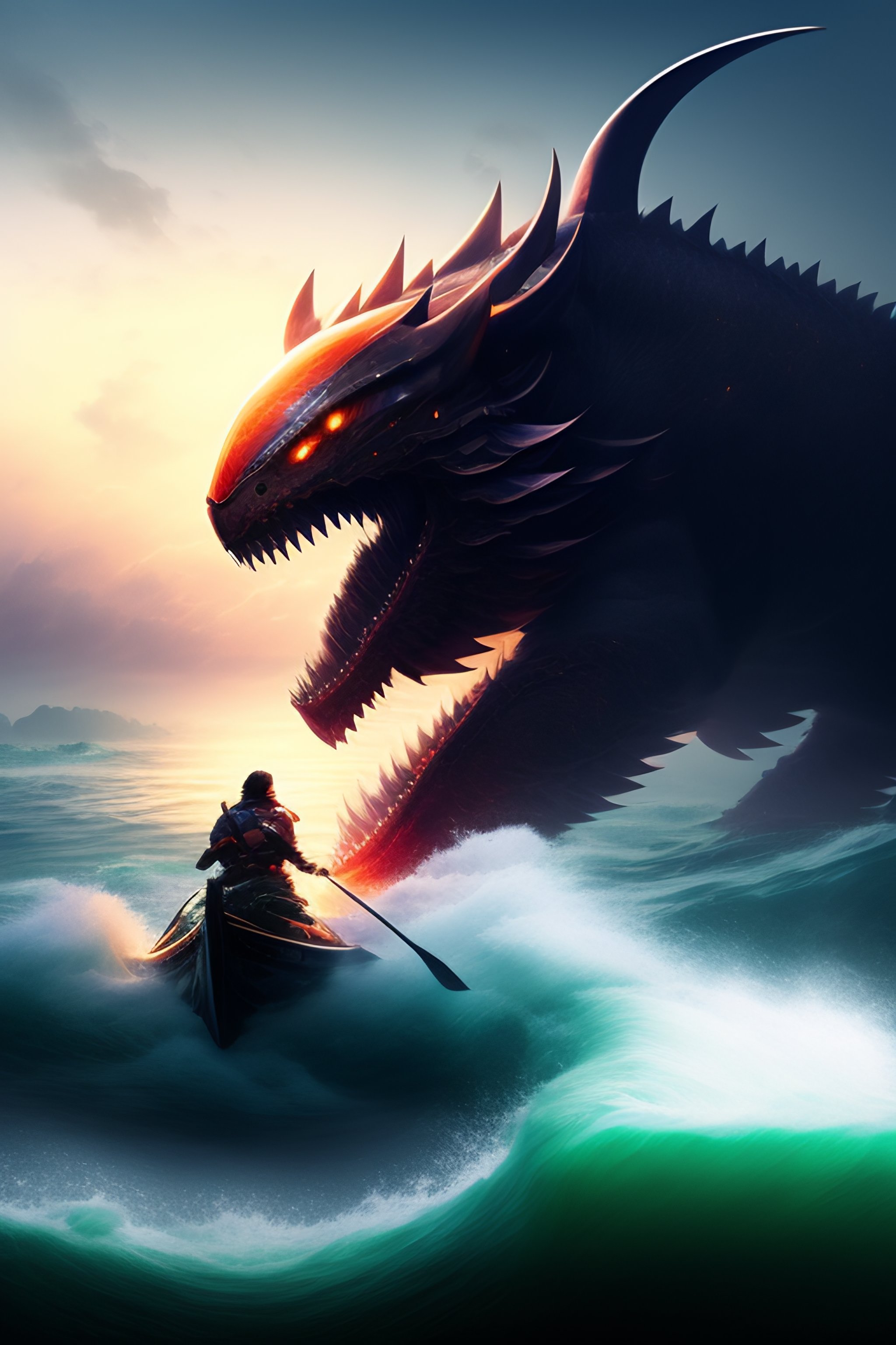 Lexica - Eva fight a monster in dark sea