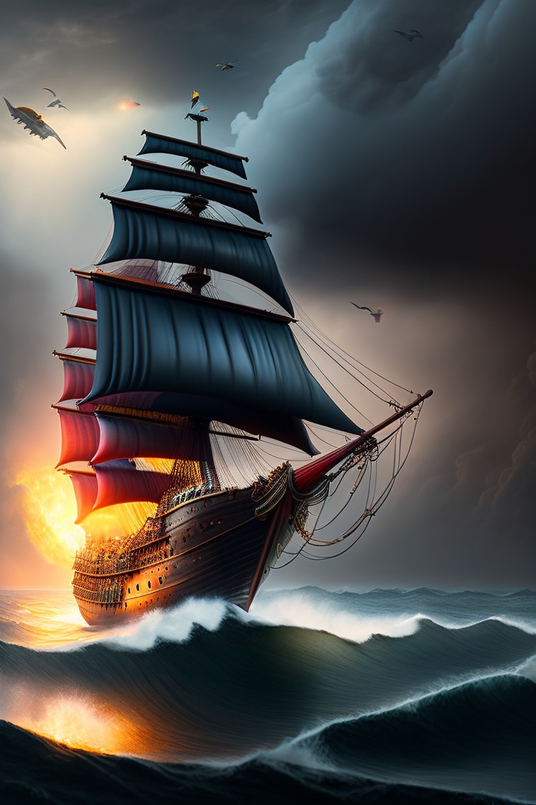 Lexica - A massive, strong pirate ship sailing in a stormy night ...