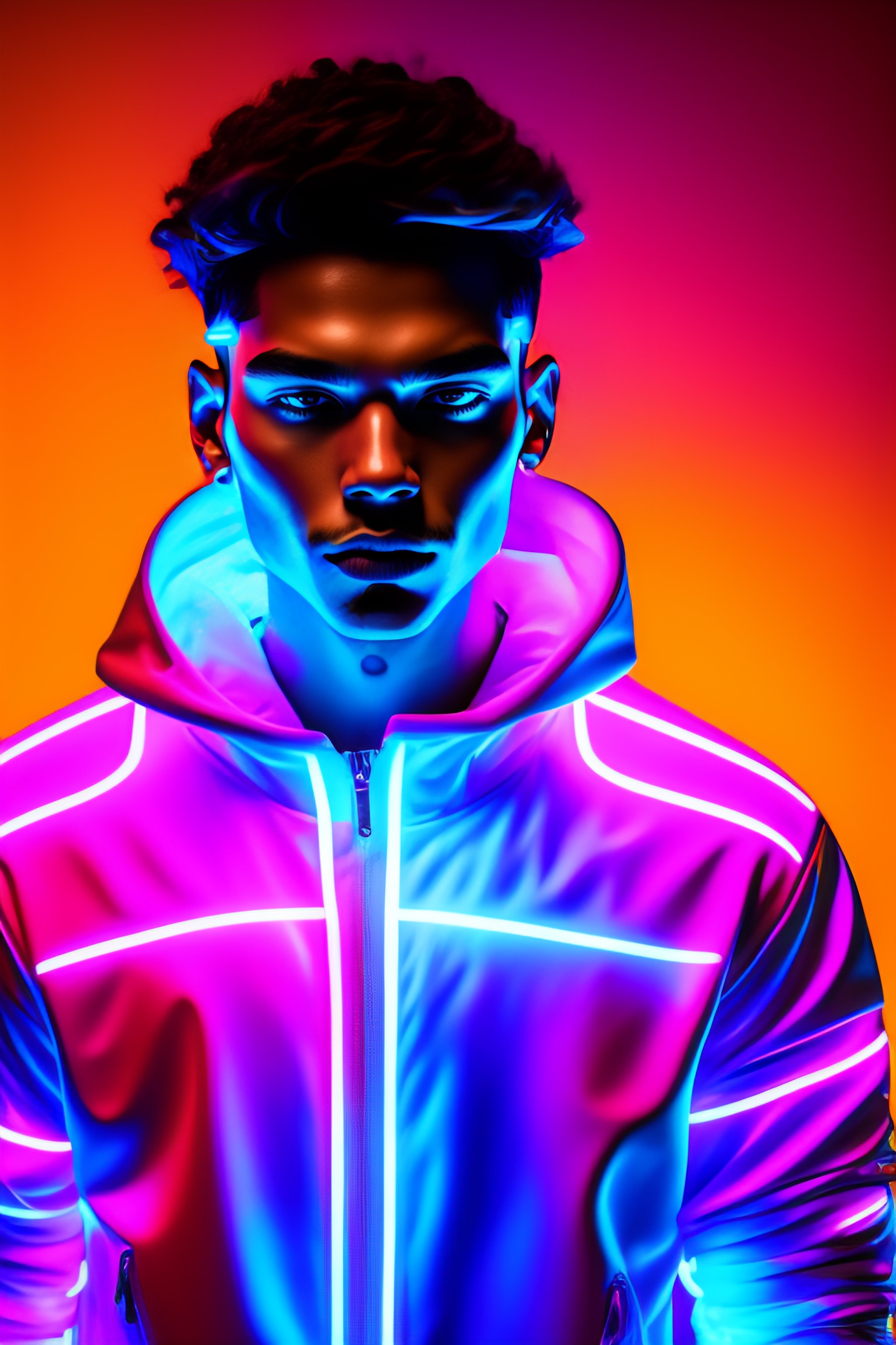 Lexica - Young man with futuristic clothes, neon, leds, insane