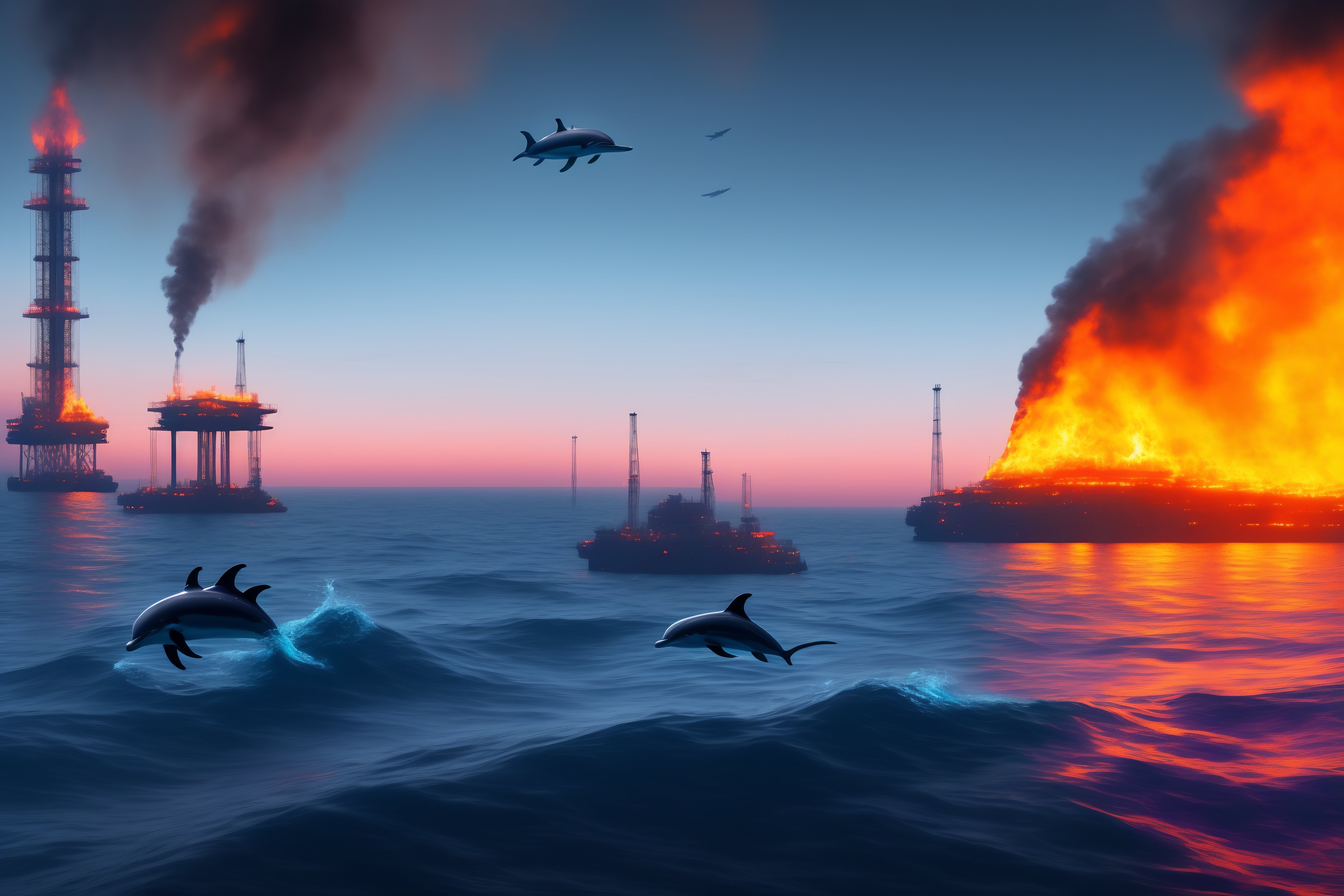 Lexica - A dolphin swimming in a sea by night, flames and burning oil ...