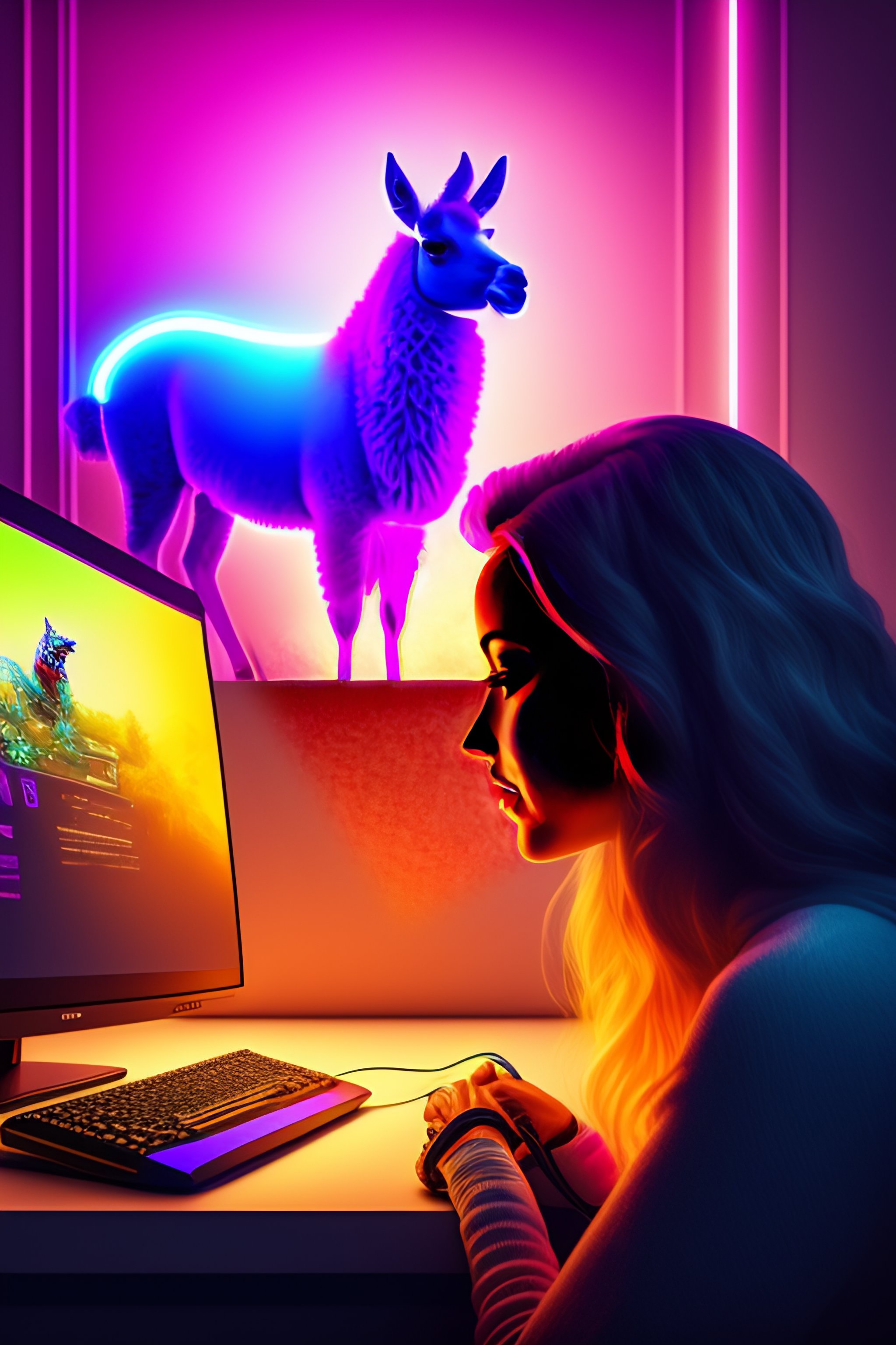 Lexica - Lady, llama playing video games in a room with neon, gaming pc ...