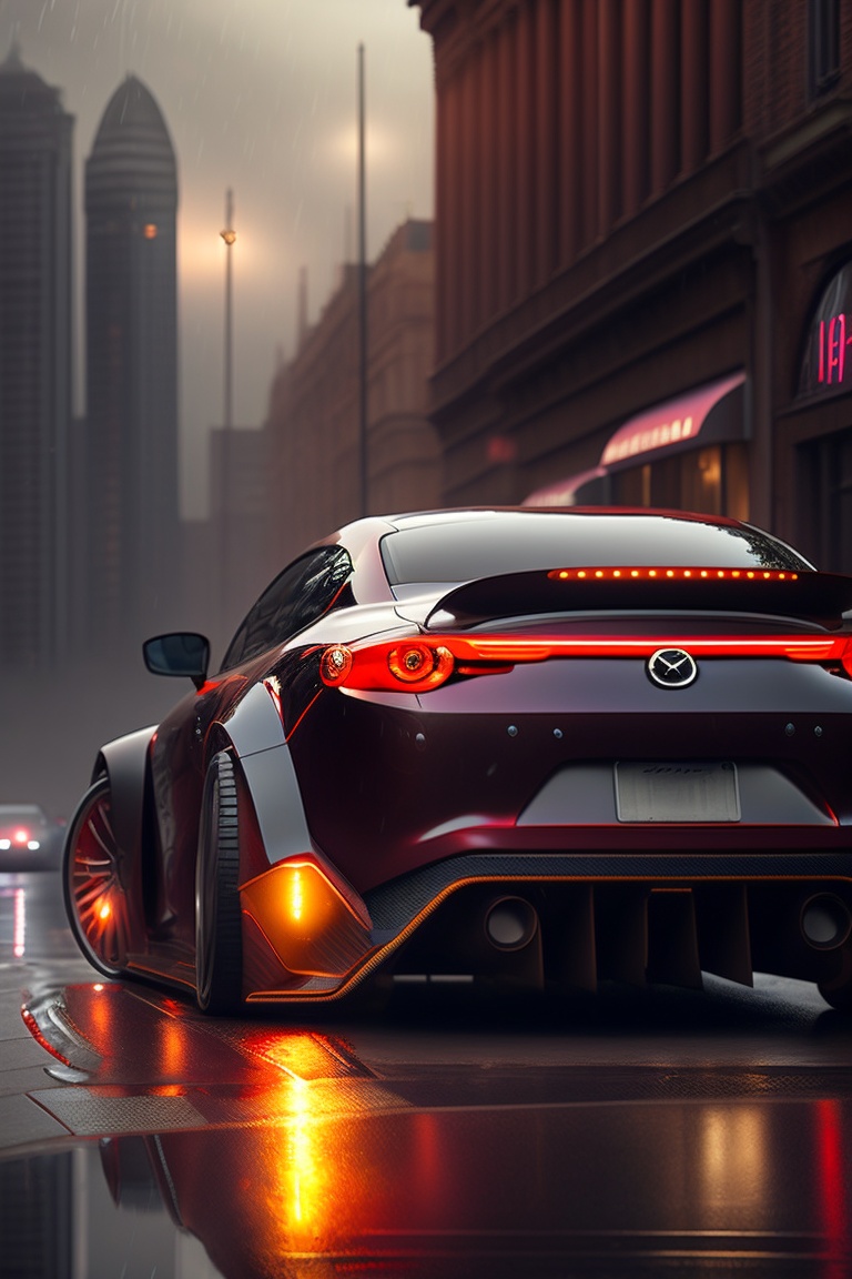 Lexica - Mazda RX8 in cyberpunk city, rainy, dark