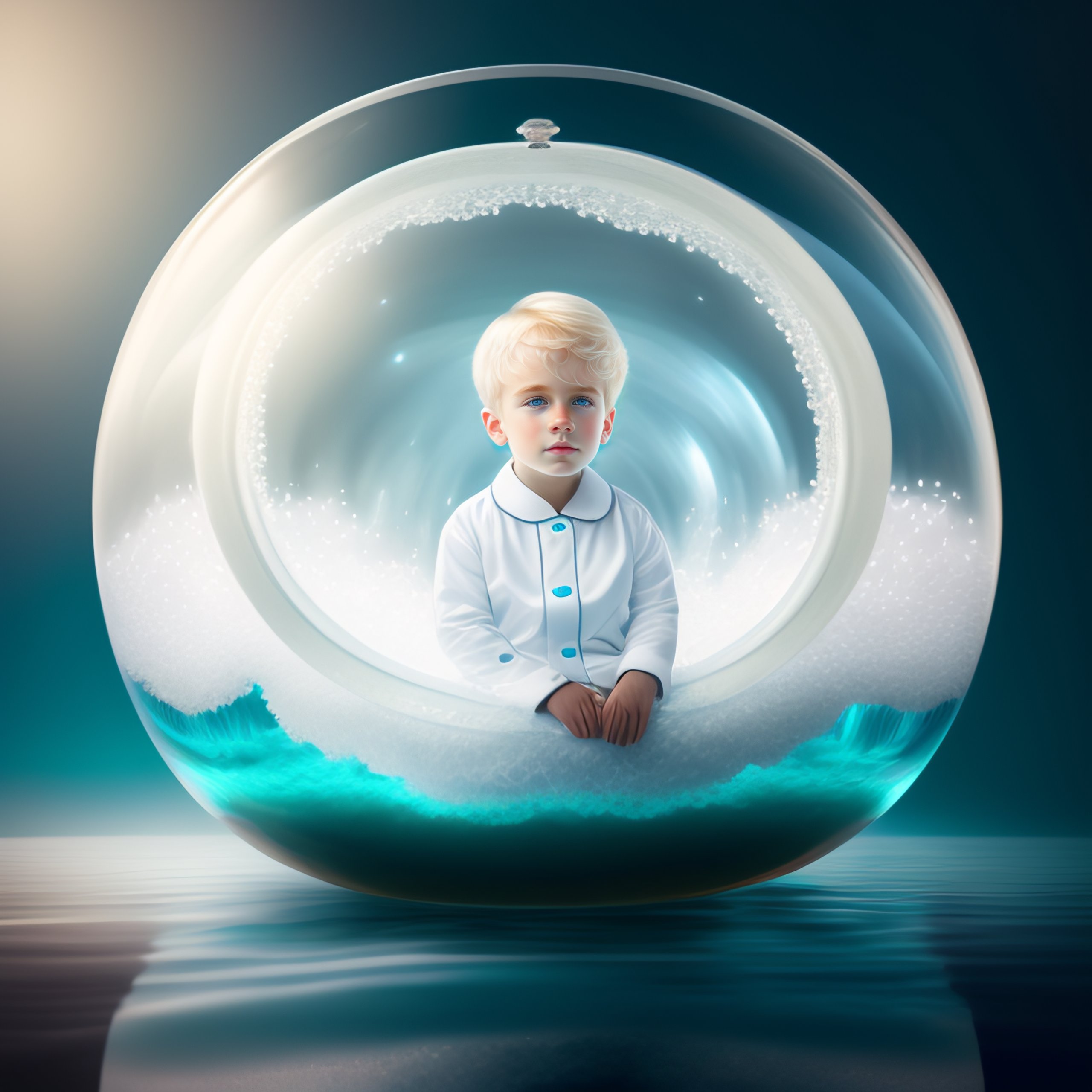 Lexica - A pale blonde boy in white pijamas floating inside a giant ...