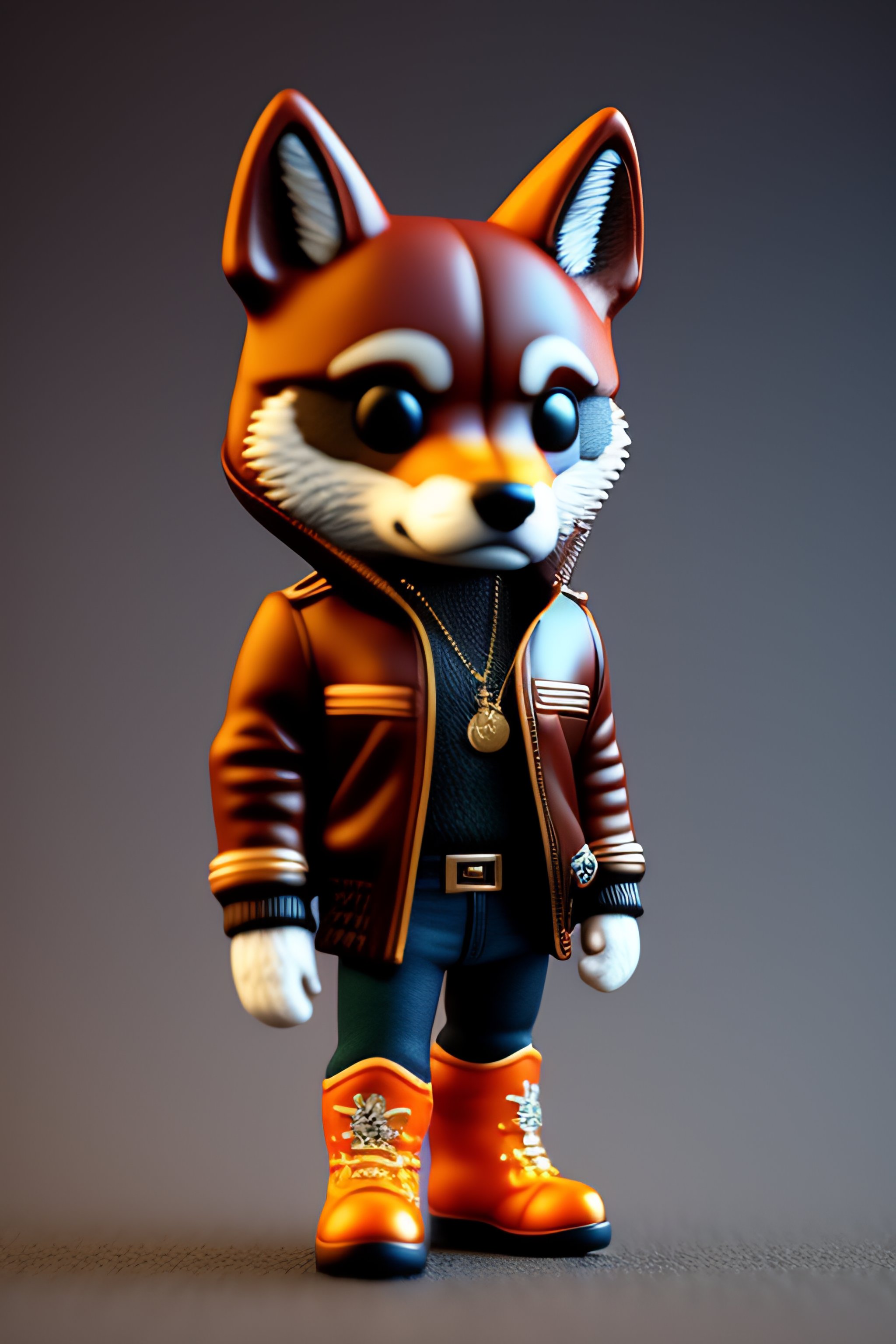 Lexica - Full body 3d render of funko pop wolf in a leather jacket
