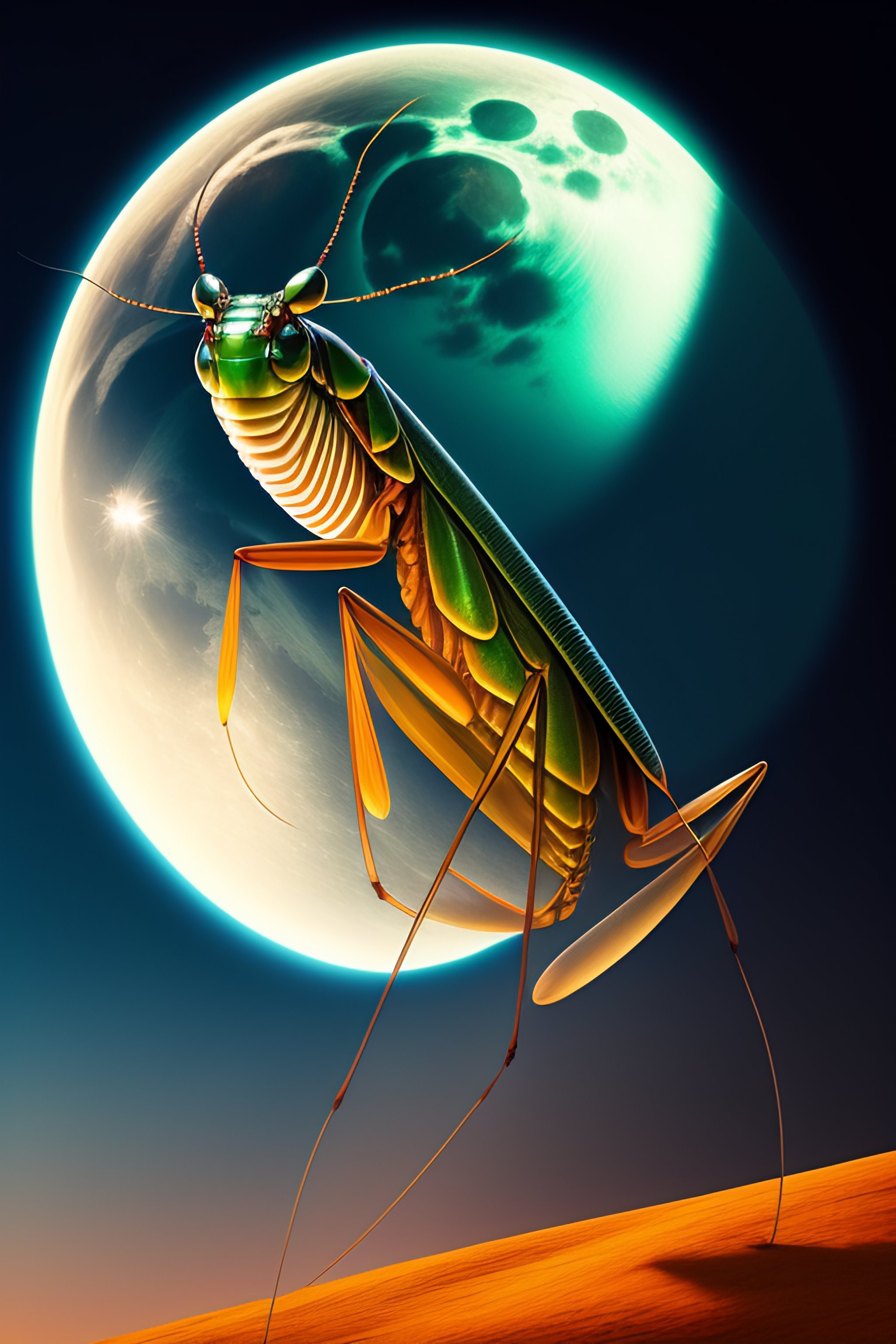 Lexica - An praying mantis in battle stance, in front of a double moon.