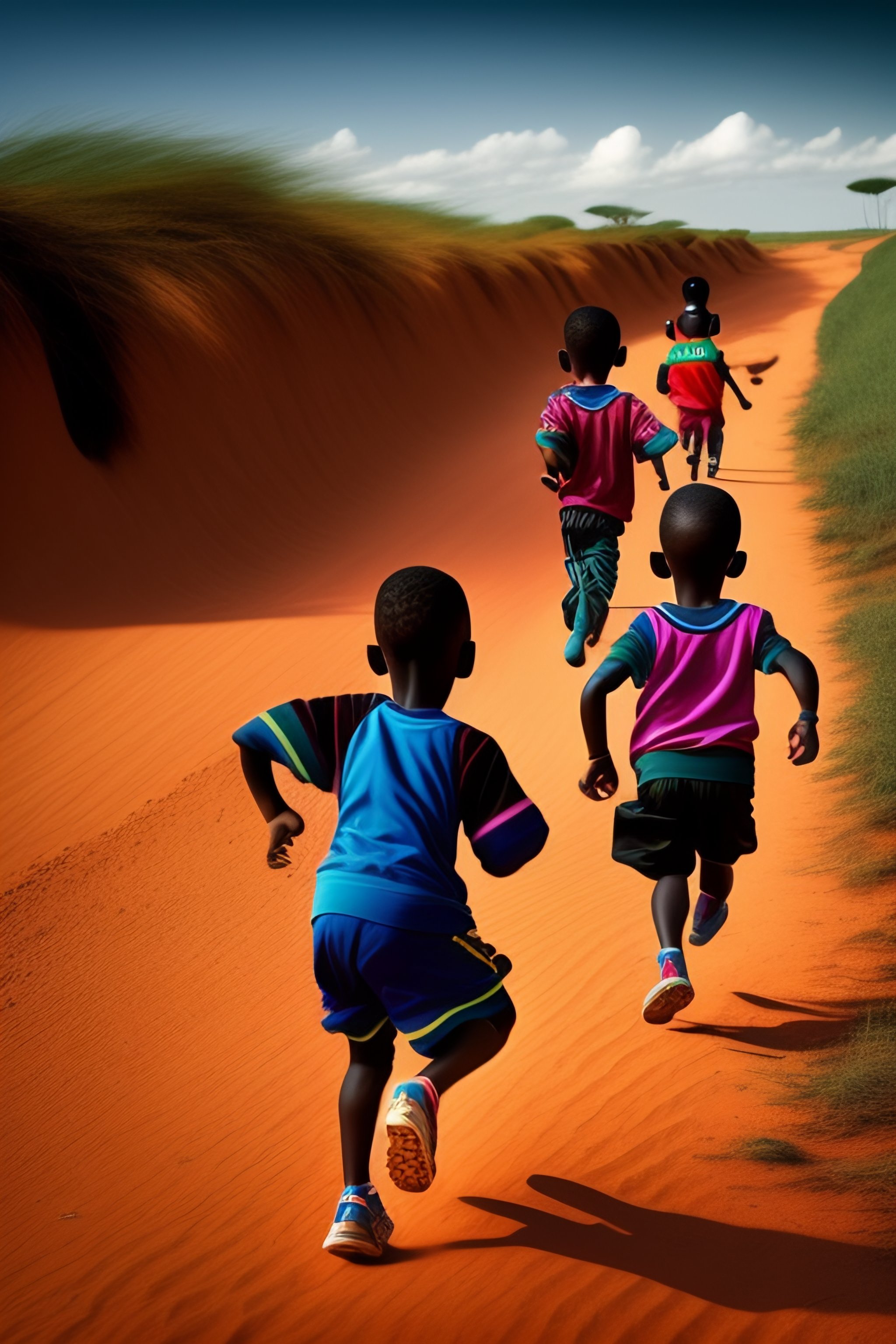 Lexica - African kids running with a tyre