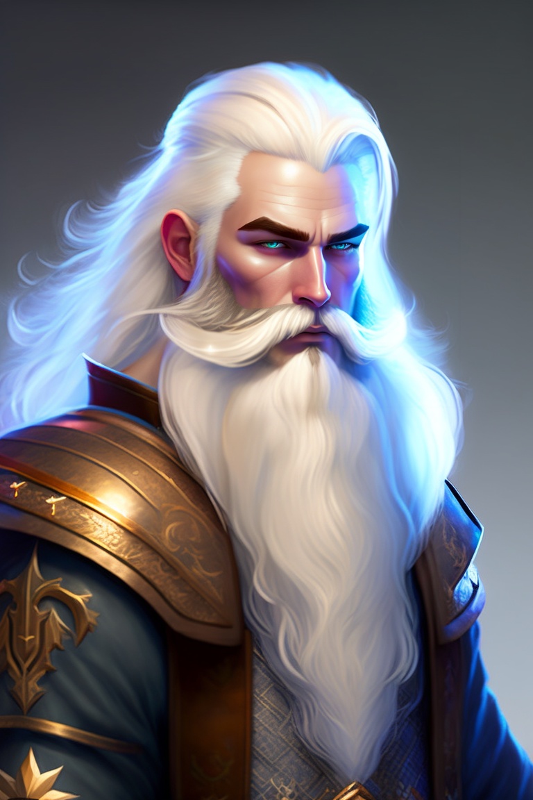 Lexica - Long flowing White hair and beard rugged, mage royal