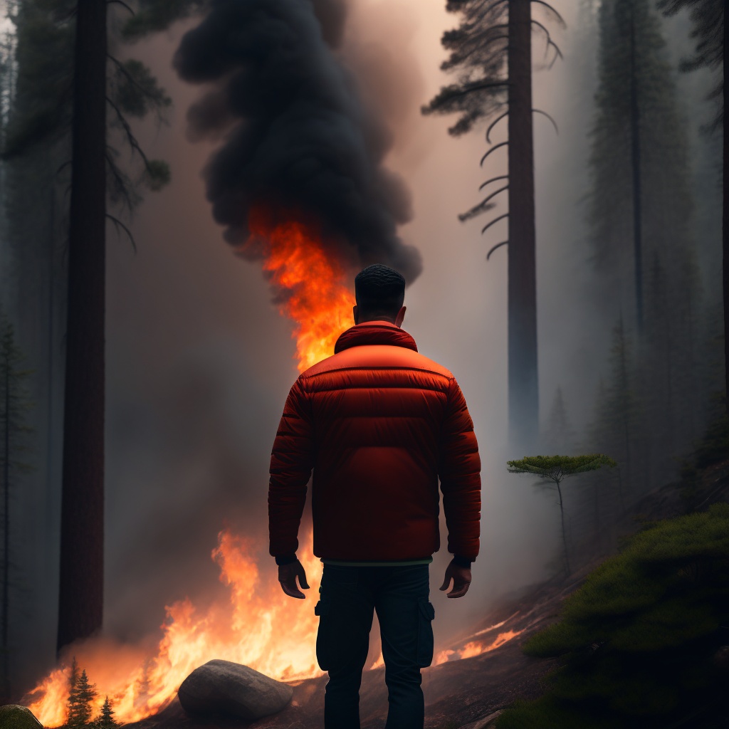 Lexica - Person standing inside a forest fire, strong determined ...