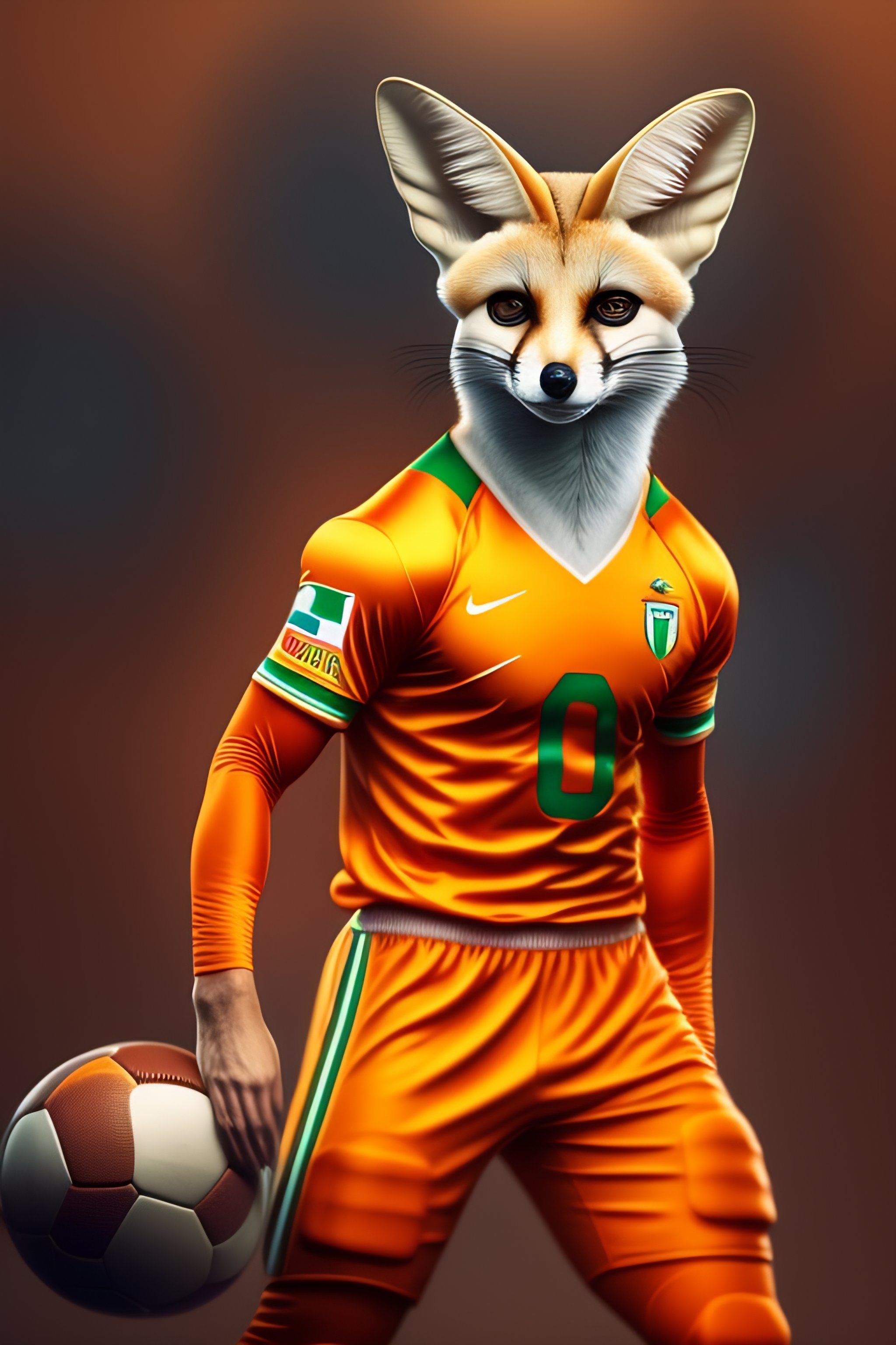 Lexica - Fennec fox , orange , football player , as human , wear football suit , algeria , portrairt
