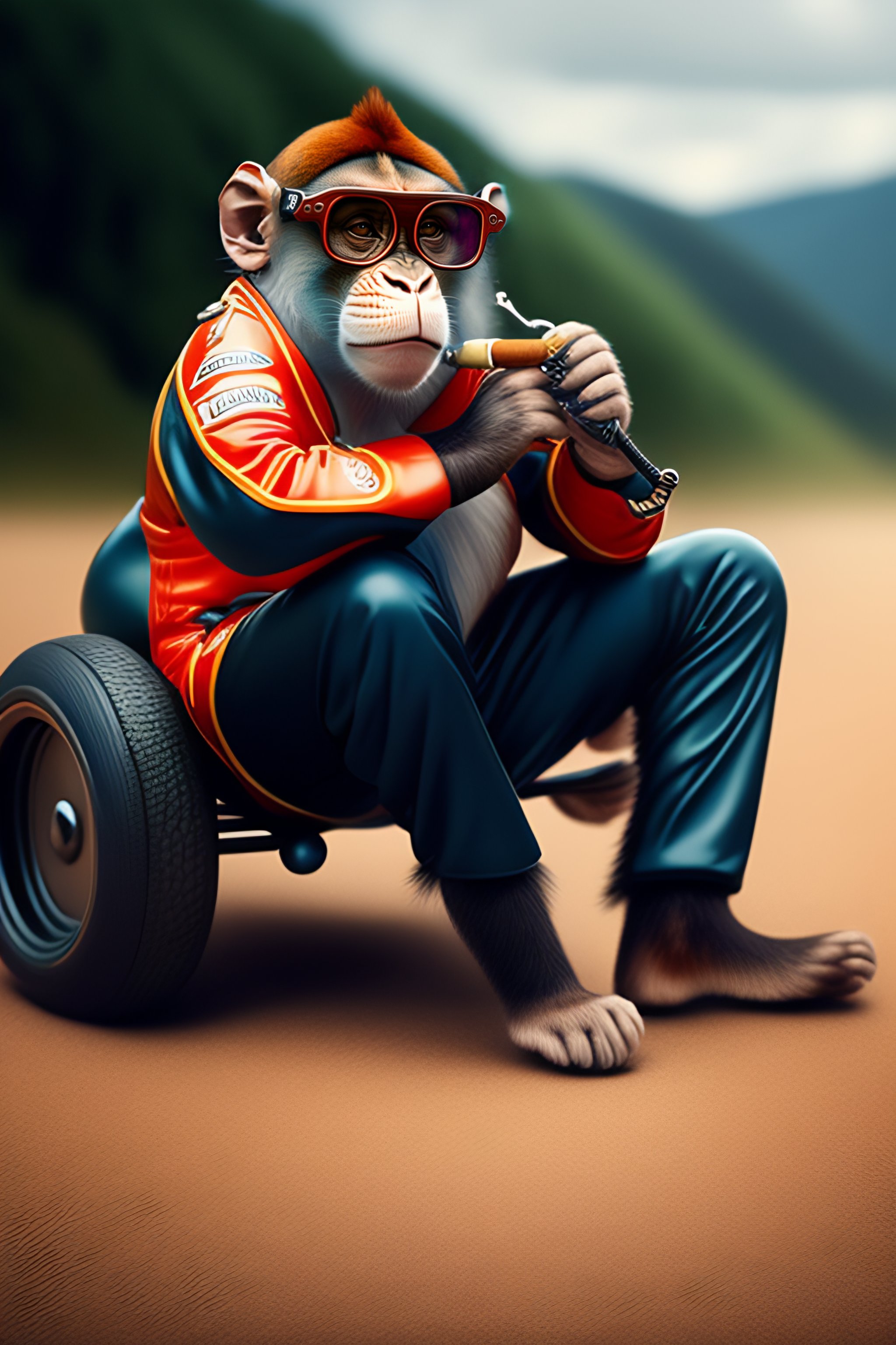 Lexica - Wise monkey smoking a pipe with racing motorsport suit with ...