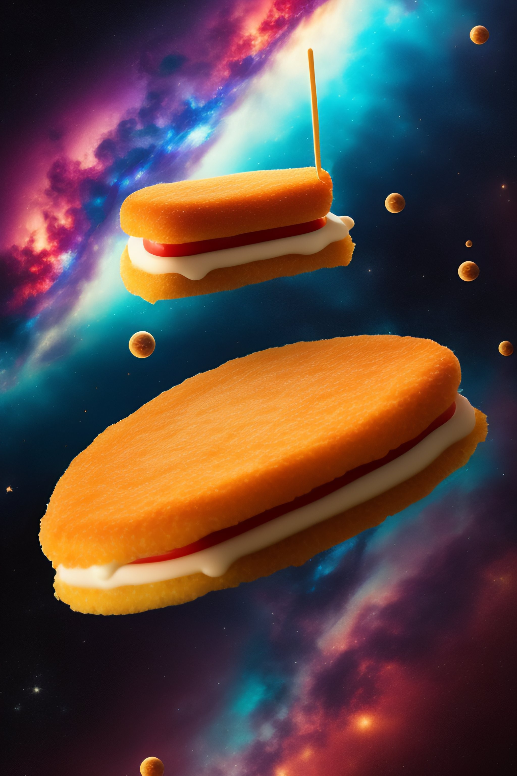 Lexica - Red breaded fried bold cheese sticks floating through a space ...
