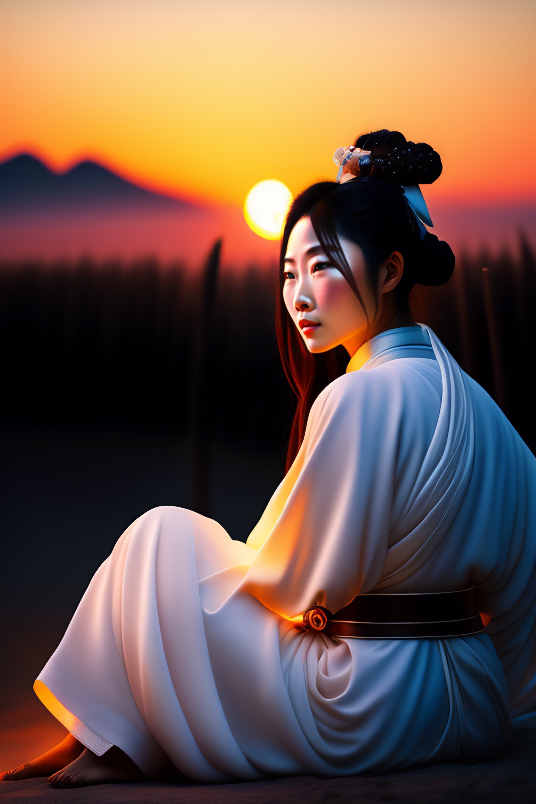 Lexica - Asian samurai woman with white shirt sitting in the moonlight