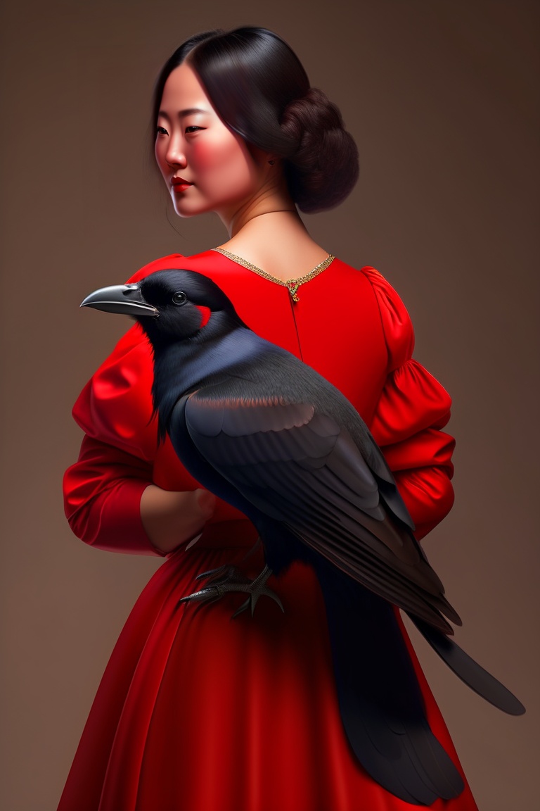 Lexica - A woman in a red dress holds a crow in her arms, stands half-side