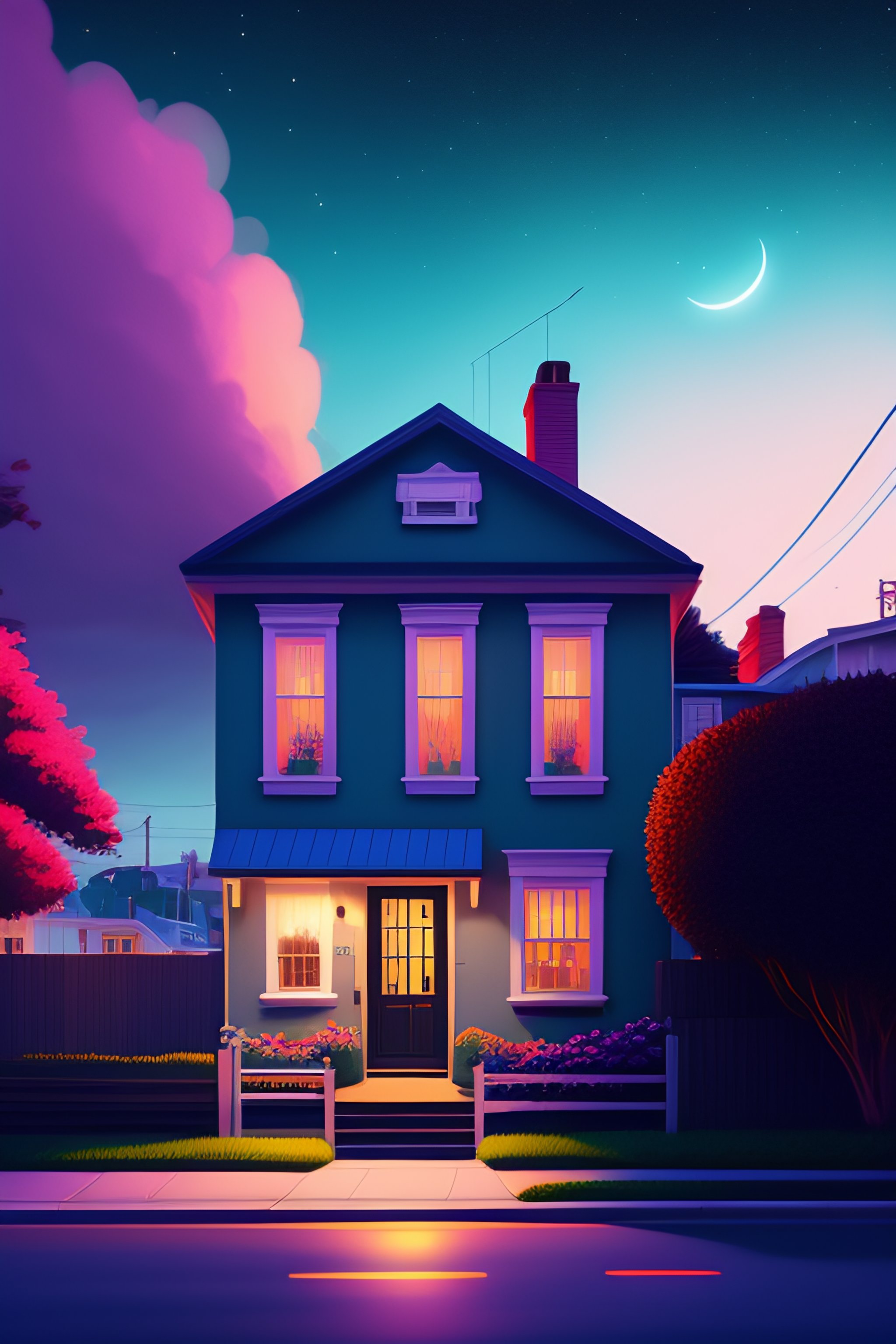 Lexica - The small house On a Street in san Francisco, dark night, moon ...