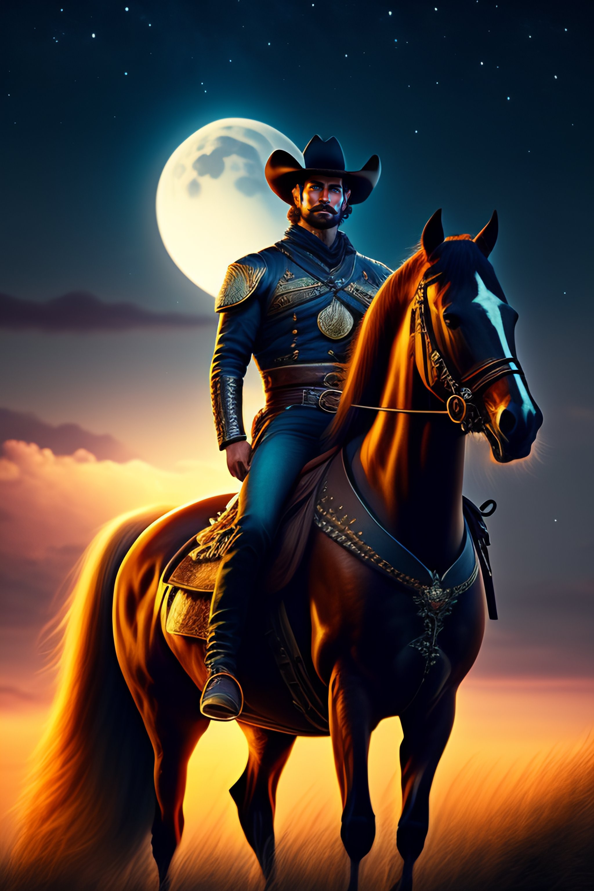 Lexica - Handsome rugged cowboy riding a horse at night, gorgeous night ...