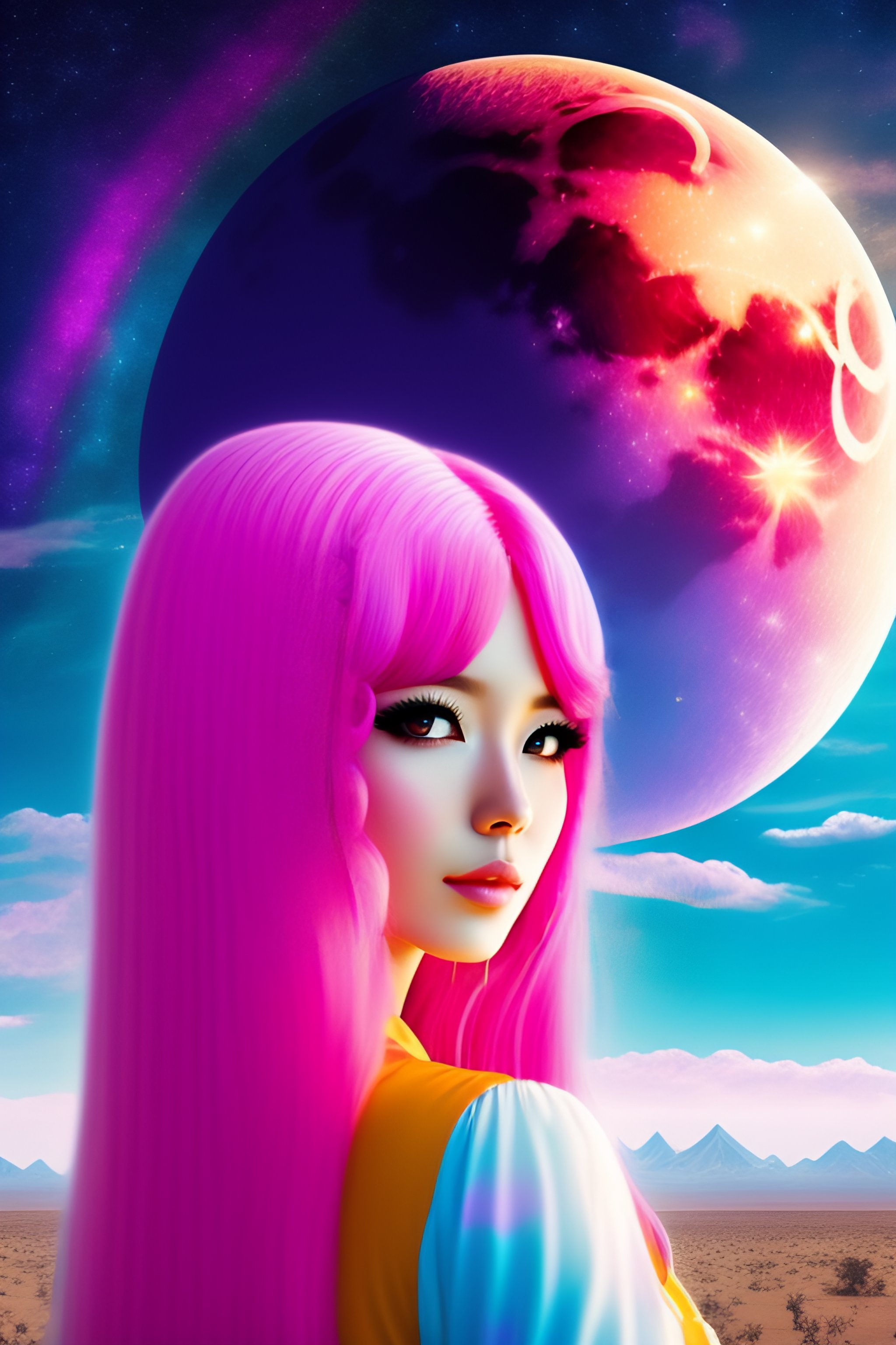Lexica - Full pink moon, anime, girl, long pink hair, view in camera ...