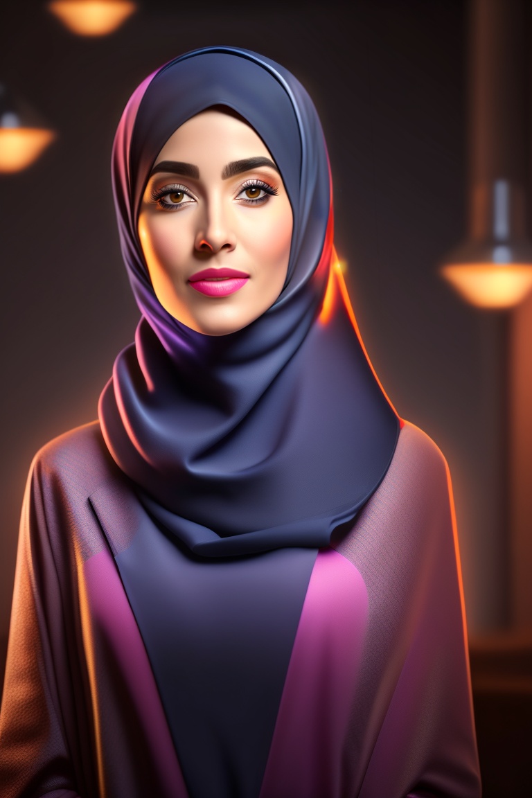Lexica - A arabic news anchor stands in the center of a room, her hijab ...