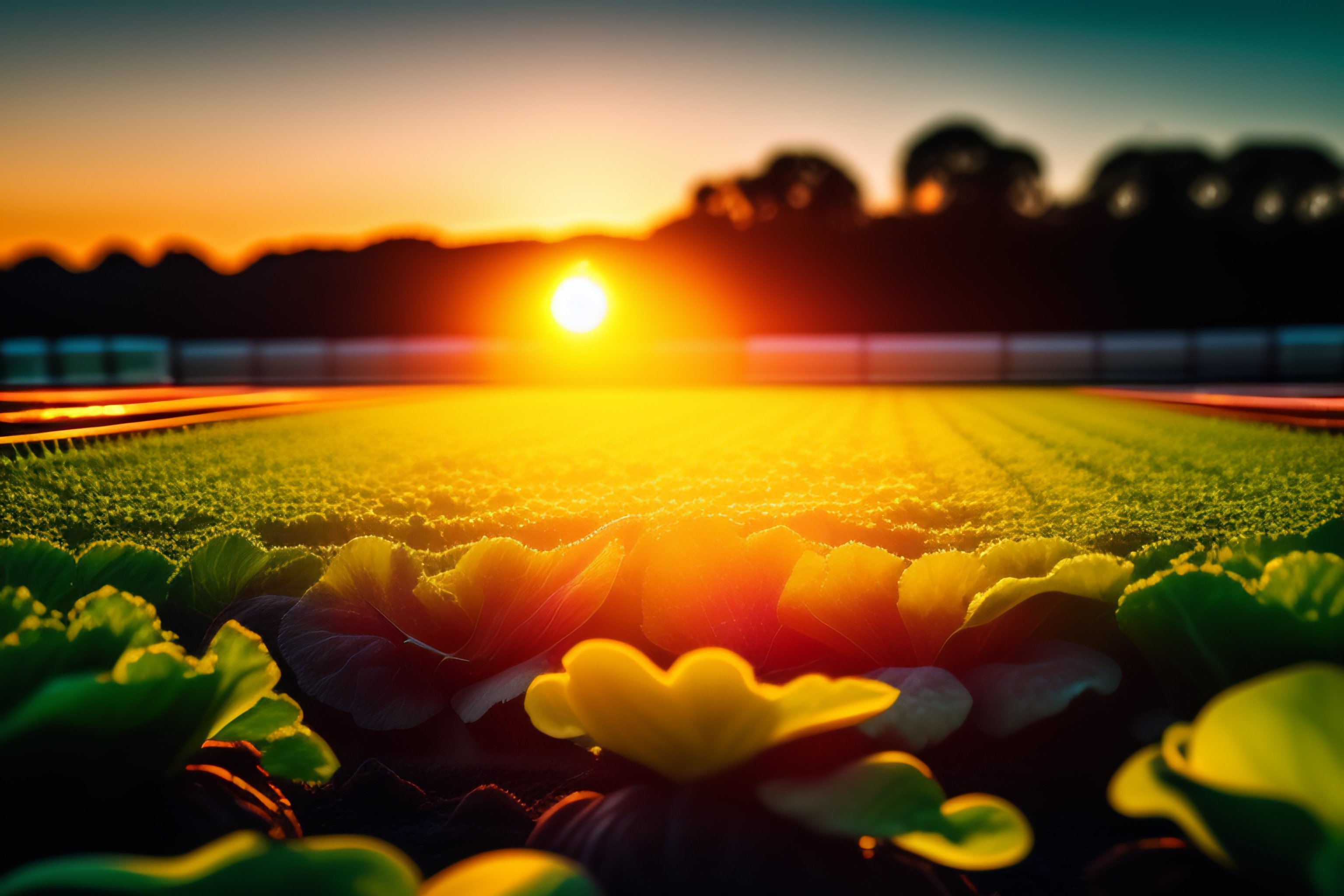 Lexica - Landscape image of hydroponic farm sunset close up to lettuce plan