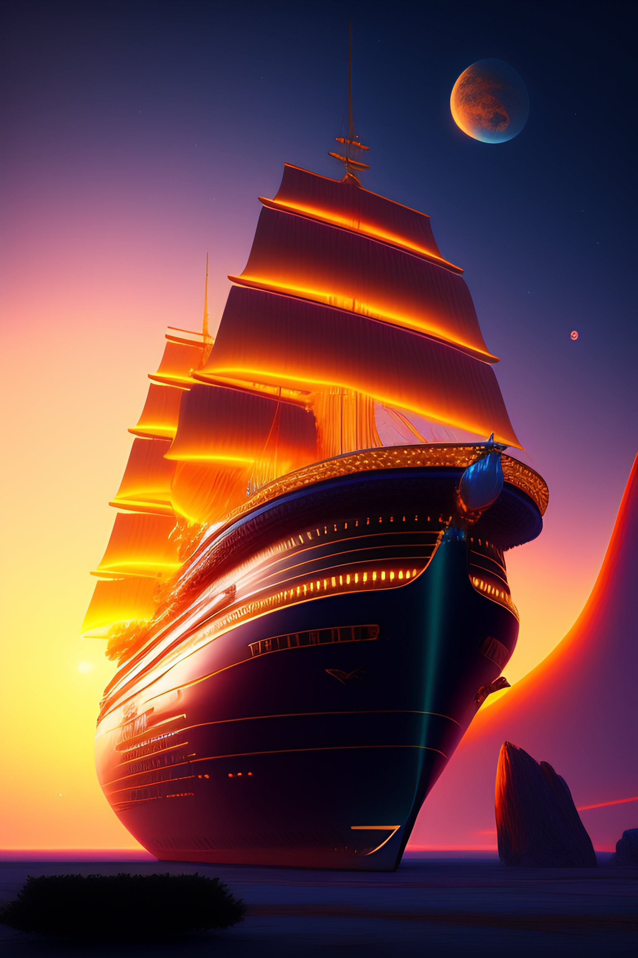 Lexica - Colossal dream ship in outer space, golden hour, fantasy ...