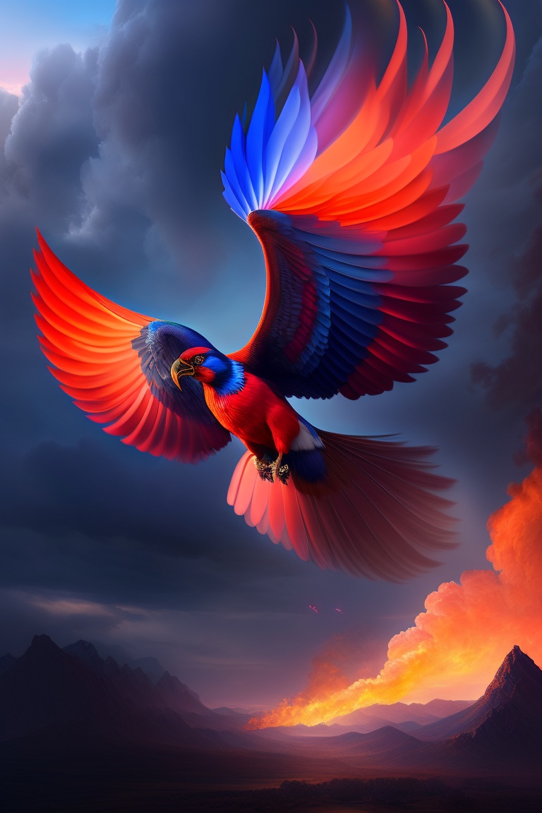 Lexica - A majestic blue and red phoenix flying though the sky with ...