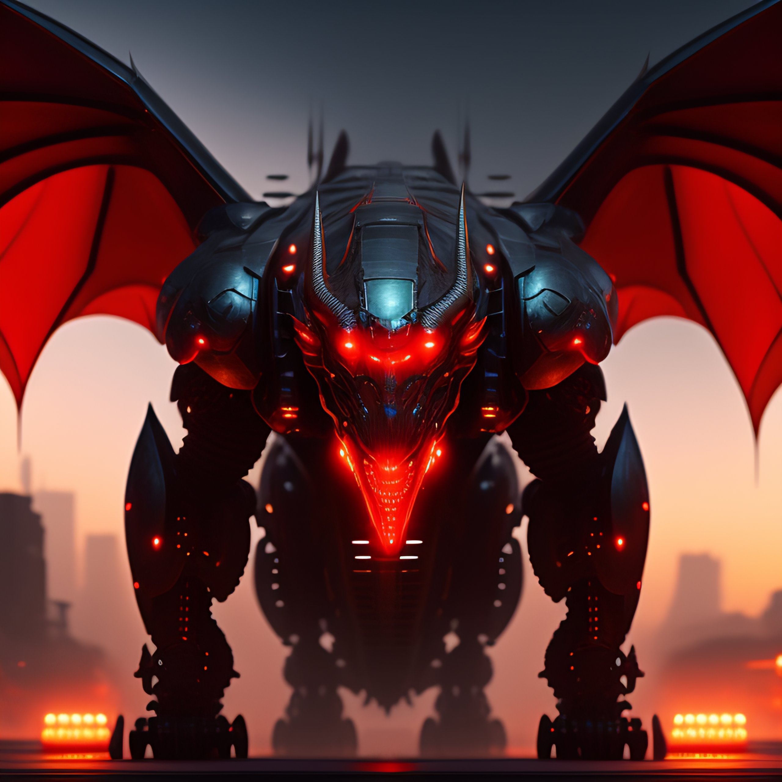 Lexica - A biomechanical cyborg dragon from planet of the apes, with one red glowing eye sitting ...