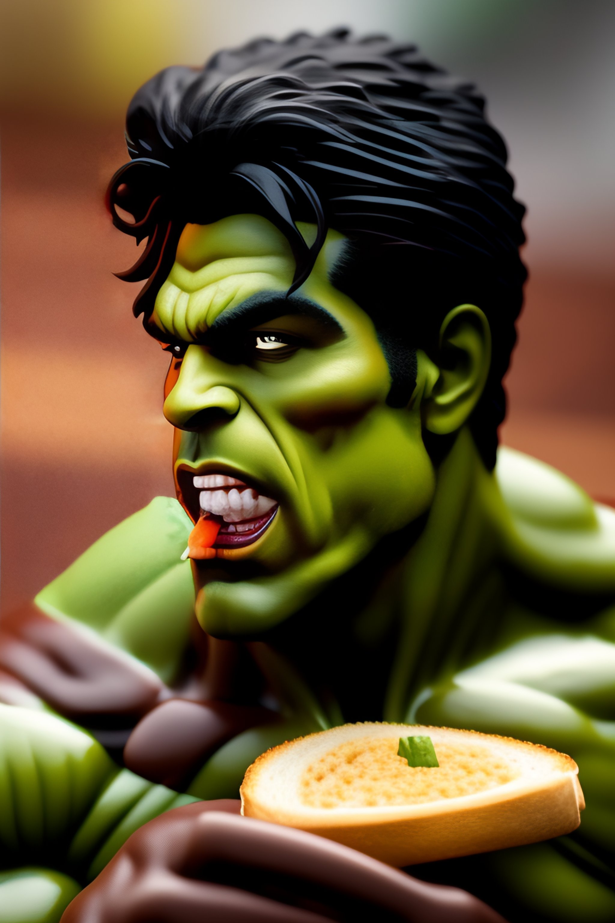 Lexica - The incredible hulk eating a sandwich, photo realistic
