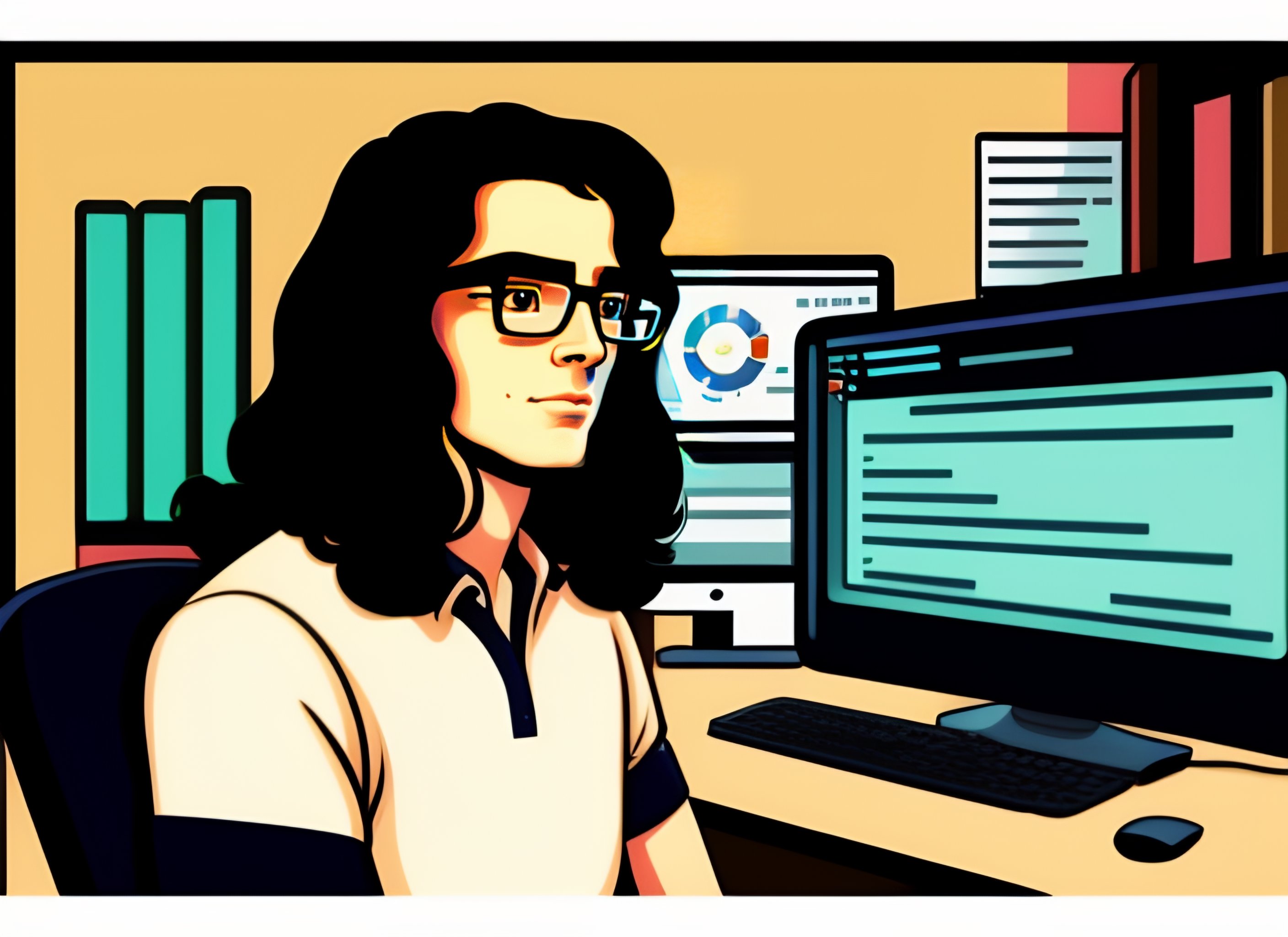 Lexica - A web developer with long brown hair down and black glasses at ...