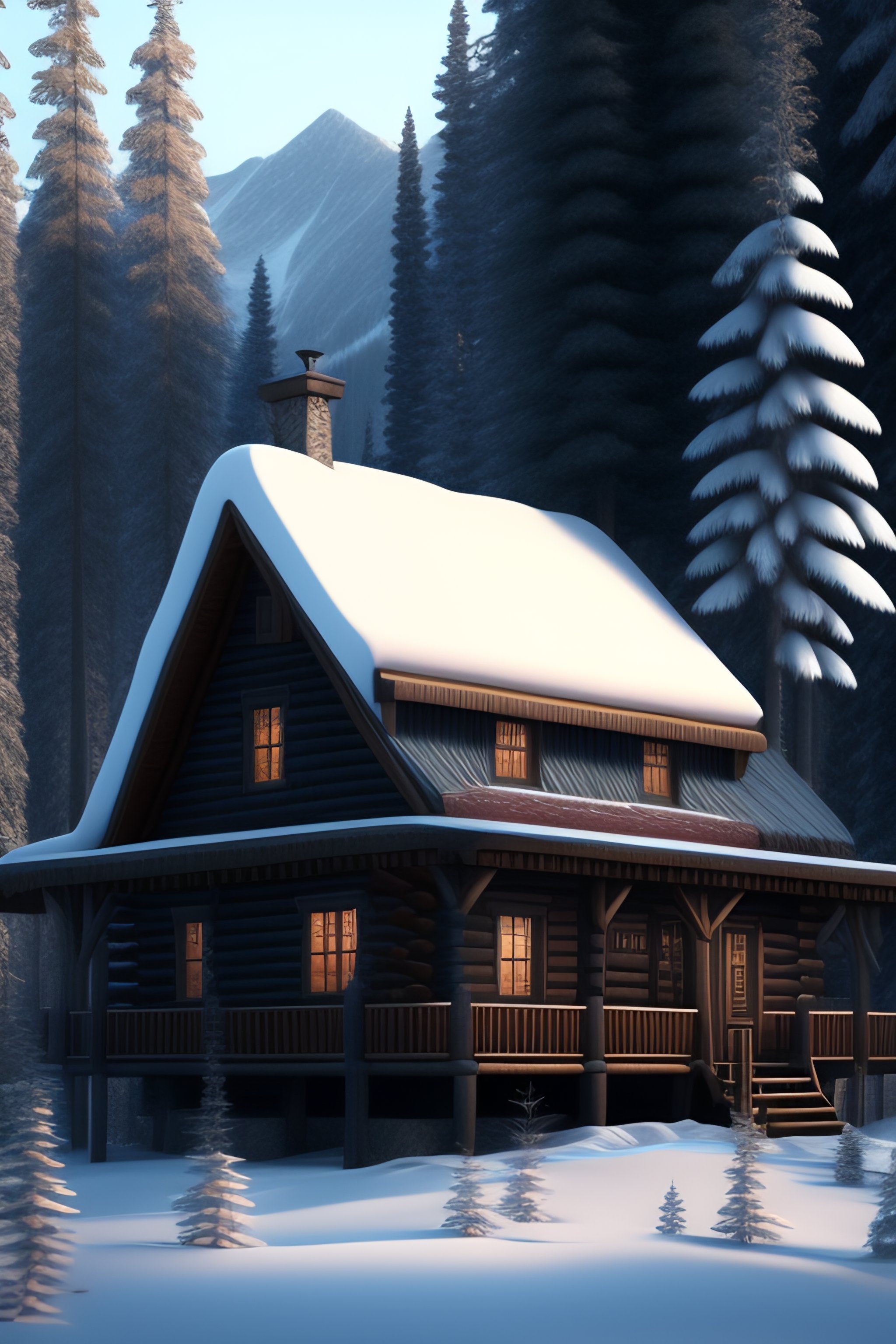 Lexica - Cabin in the woods, friendly bears, snowy mountains, perfect symmetry, post-processing ...