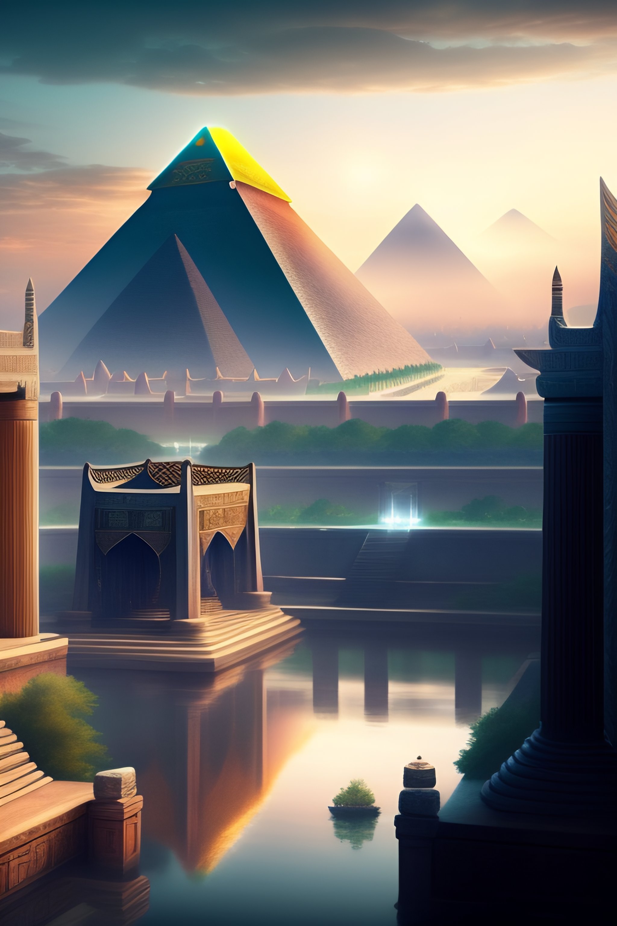 Lexica - A distant view of a single white glowing magical great pyramid ...