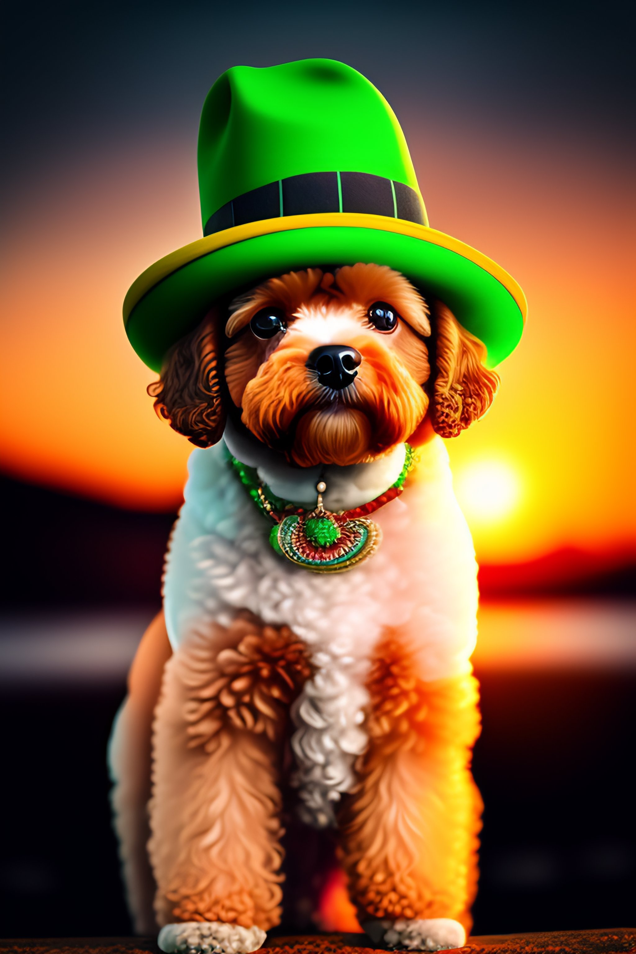 Lexica - Toy poodle wearing a St Patricks hat, sunset rim light