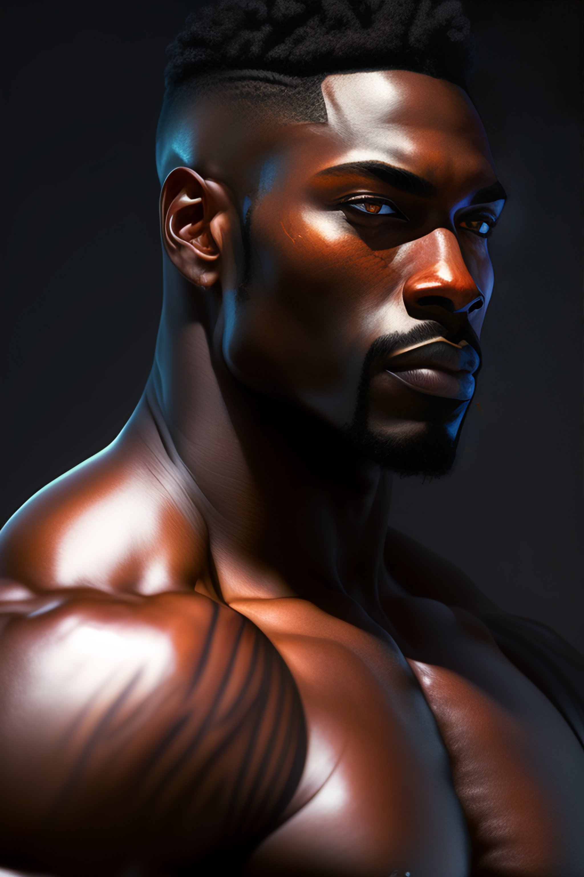 Lexica - Portrait of a dark man, muscle, copper wires, visible scars ...