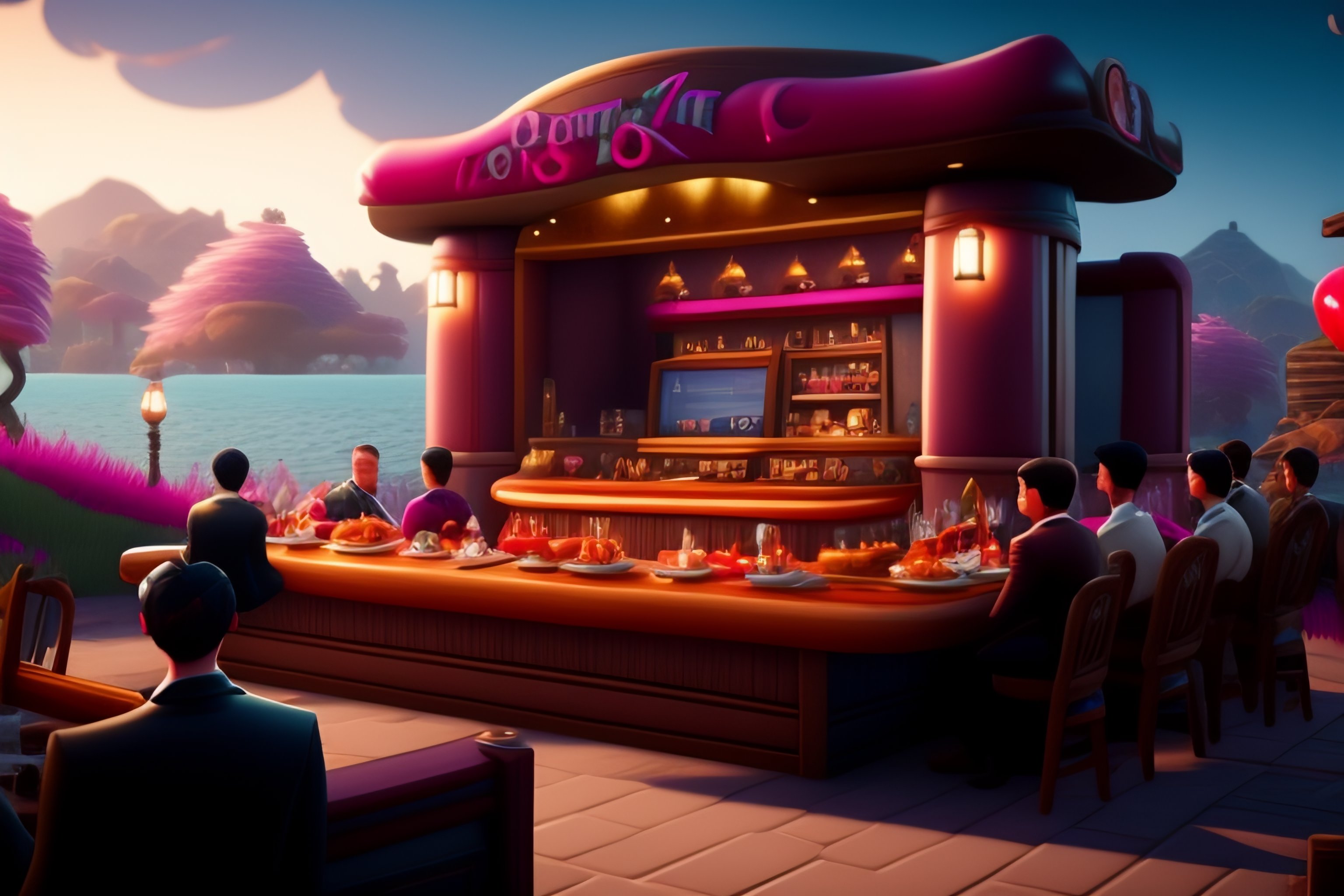 Lexica - Fortnite valentines day scene, dinner at giant table at large ...