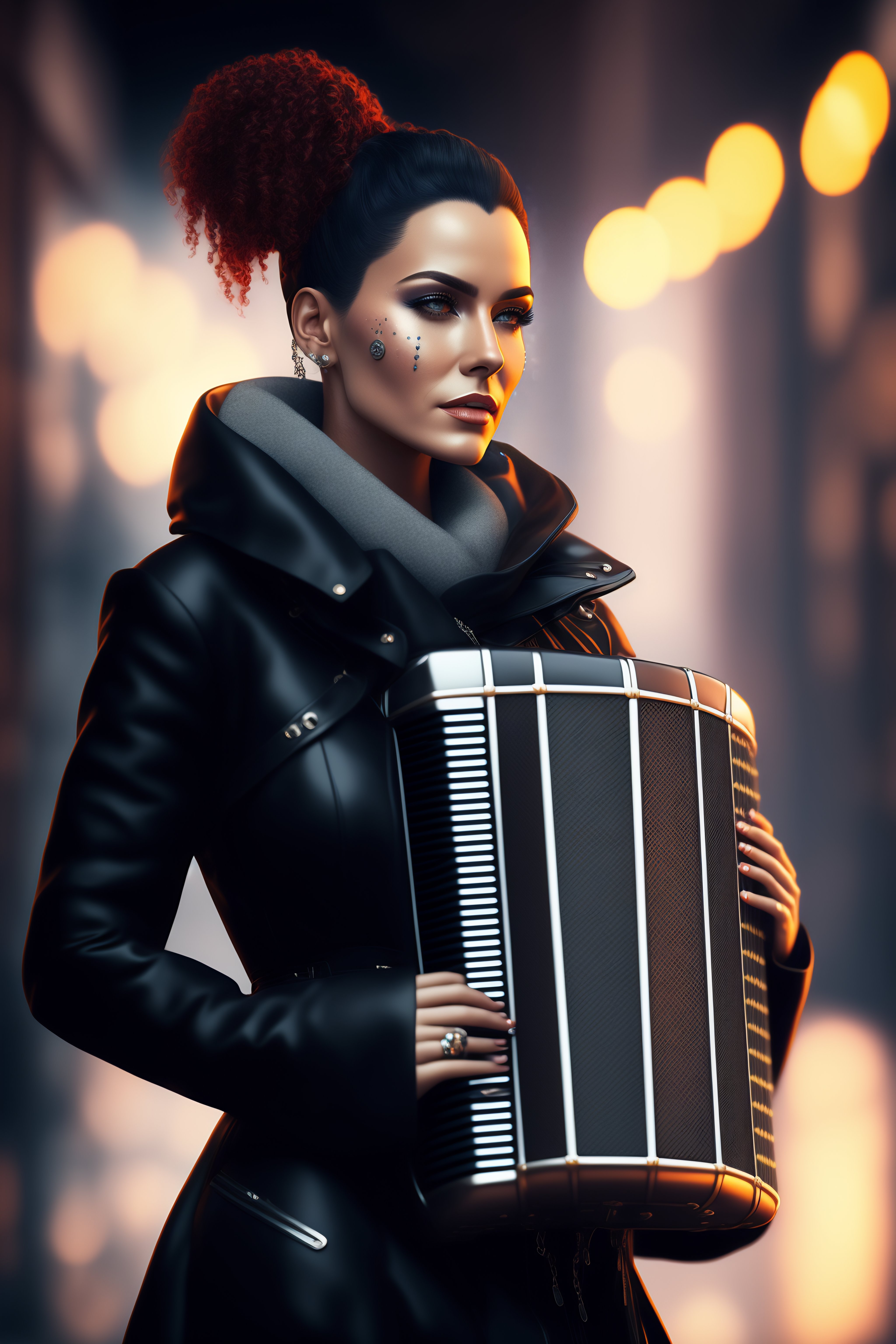 Lexica - Woman with accordion, cyberpunk, realistic 3d render