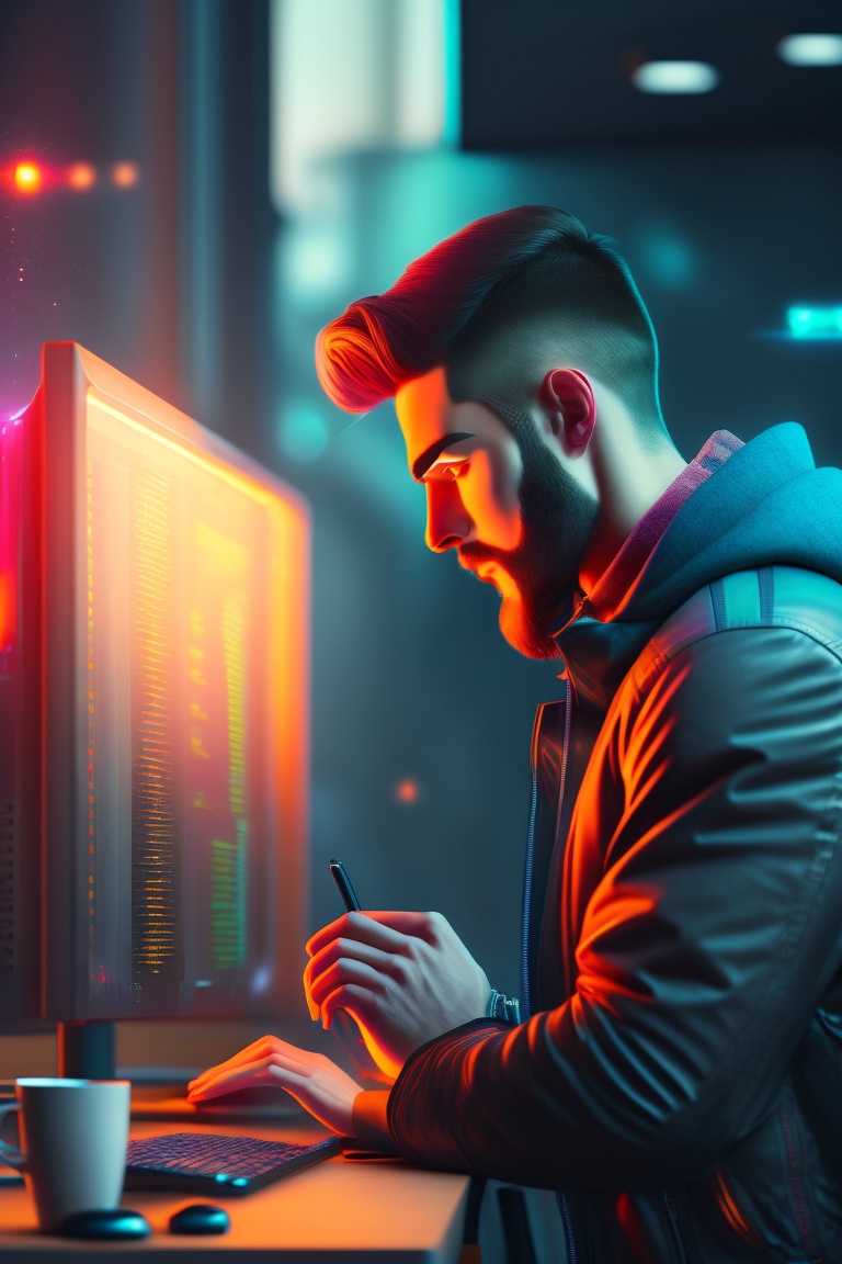 Lexica - Programmer man studying in the computer, hacker, cyberpunk