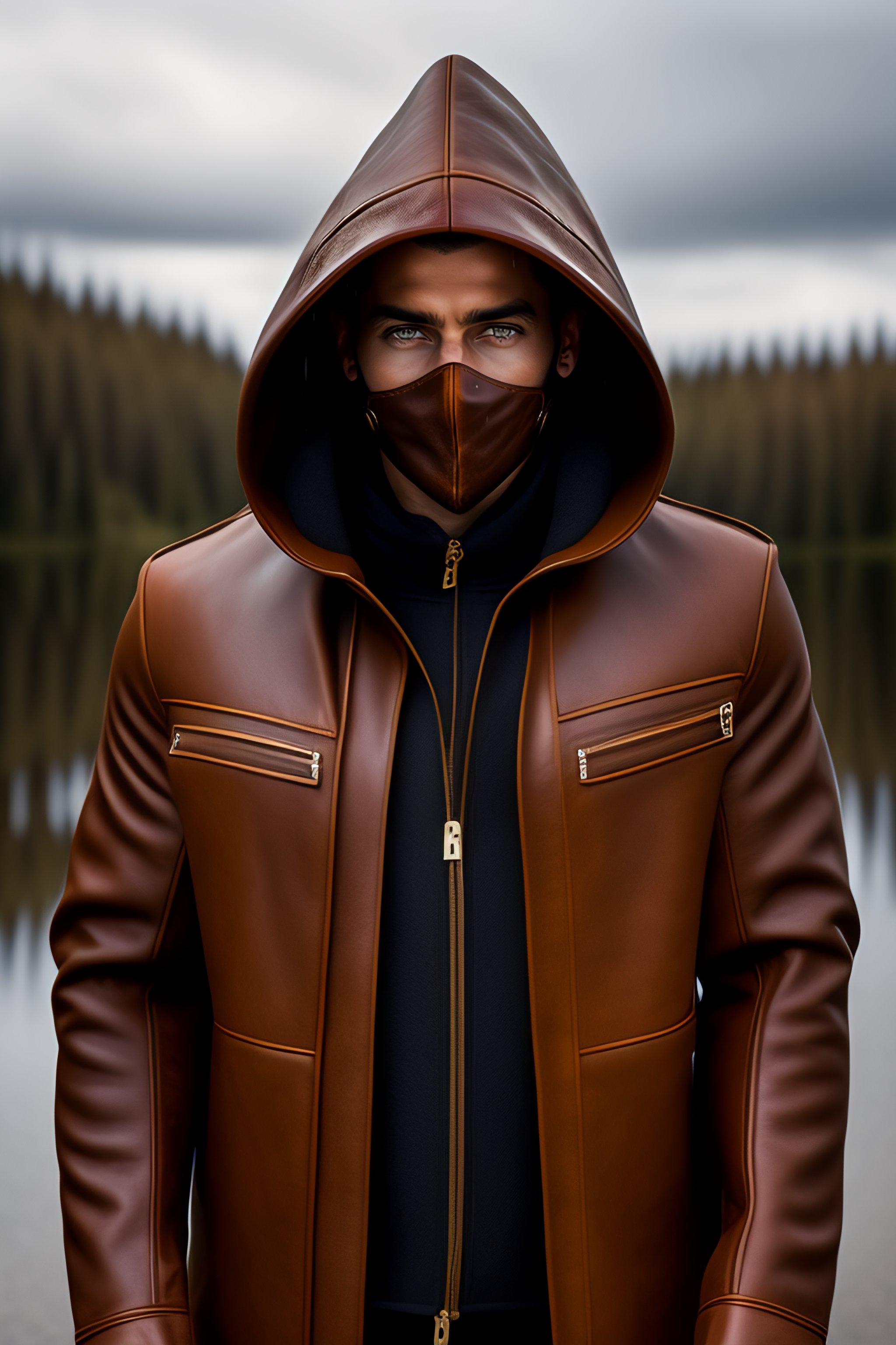 Lexica - An humanoid with a dirty brown leather hooded jacket, amask ...