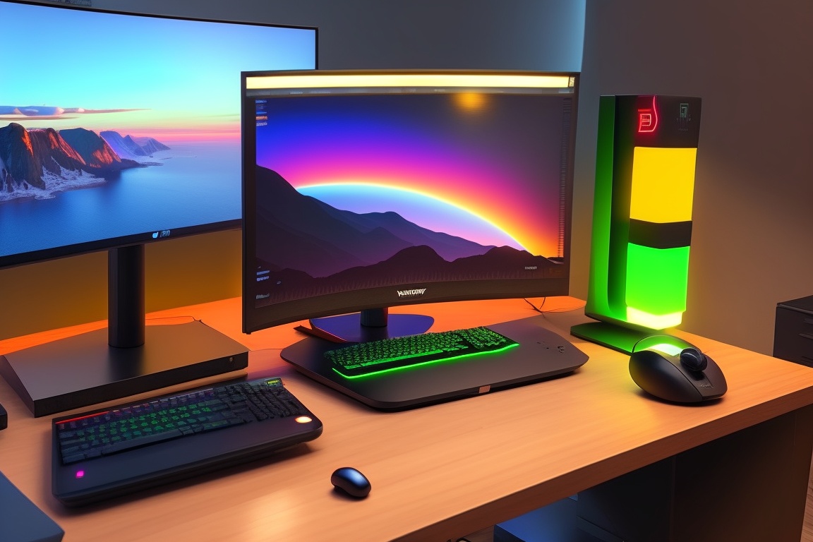 Lexica - Computer desk, streamer, monitor, joystick, neon, stream