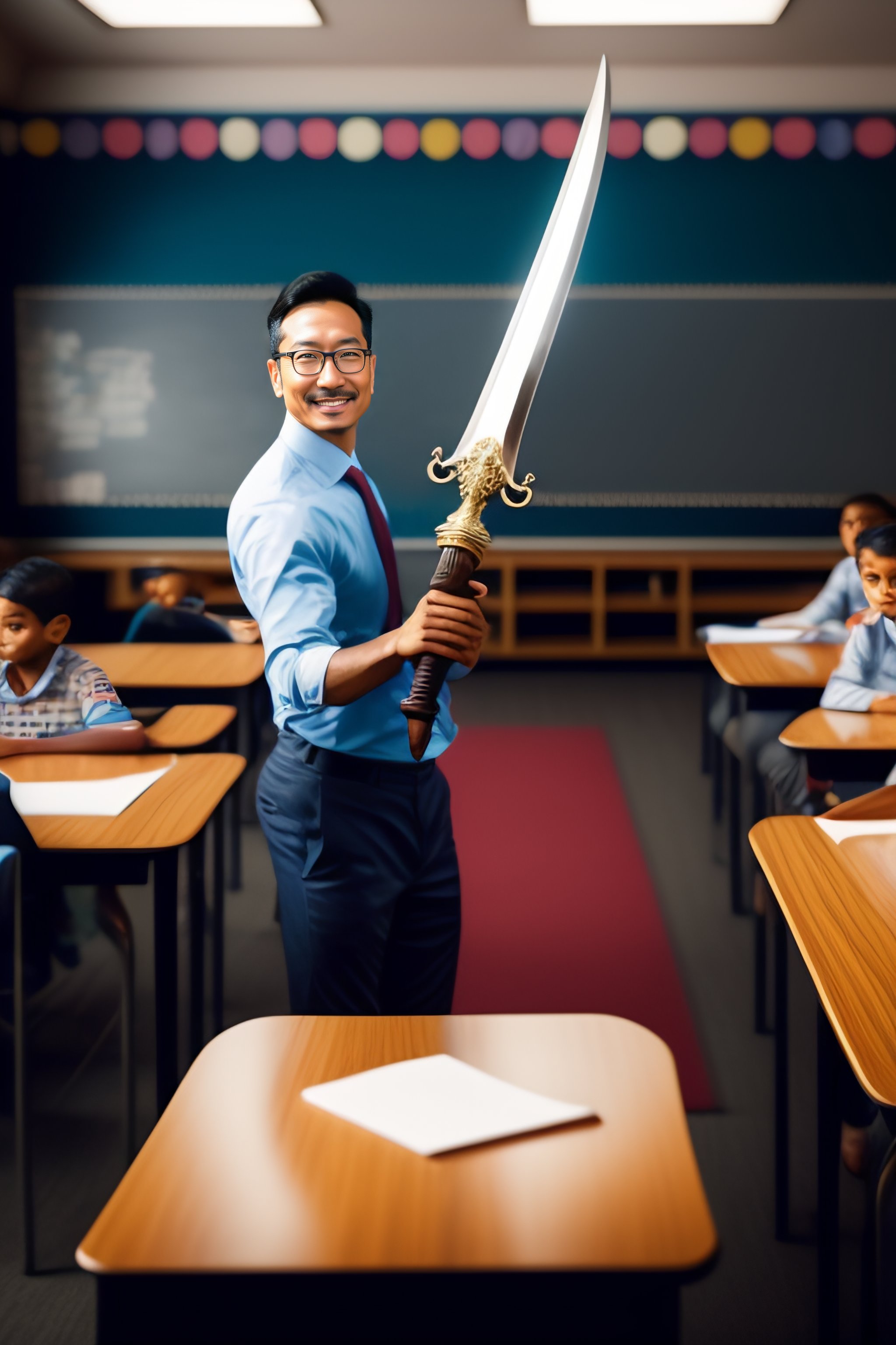 Lexica - A teacher holding a sword in a classroom