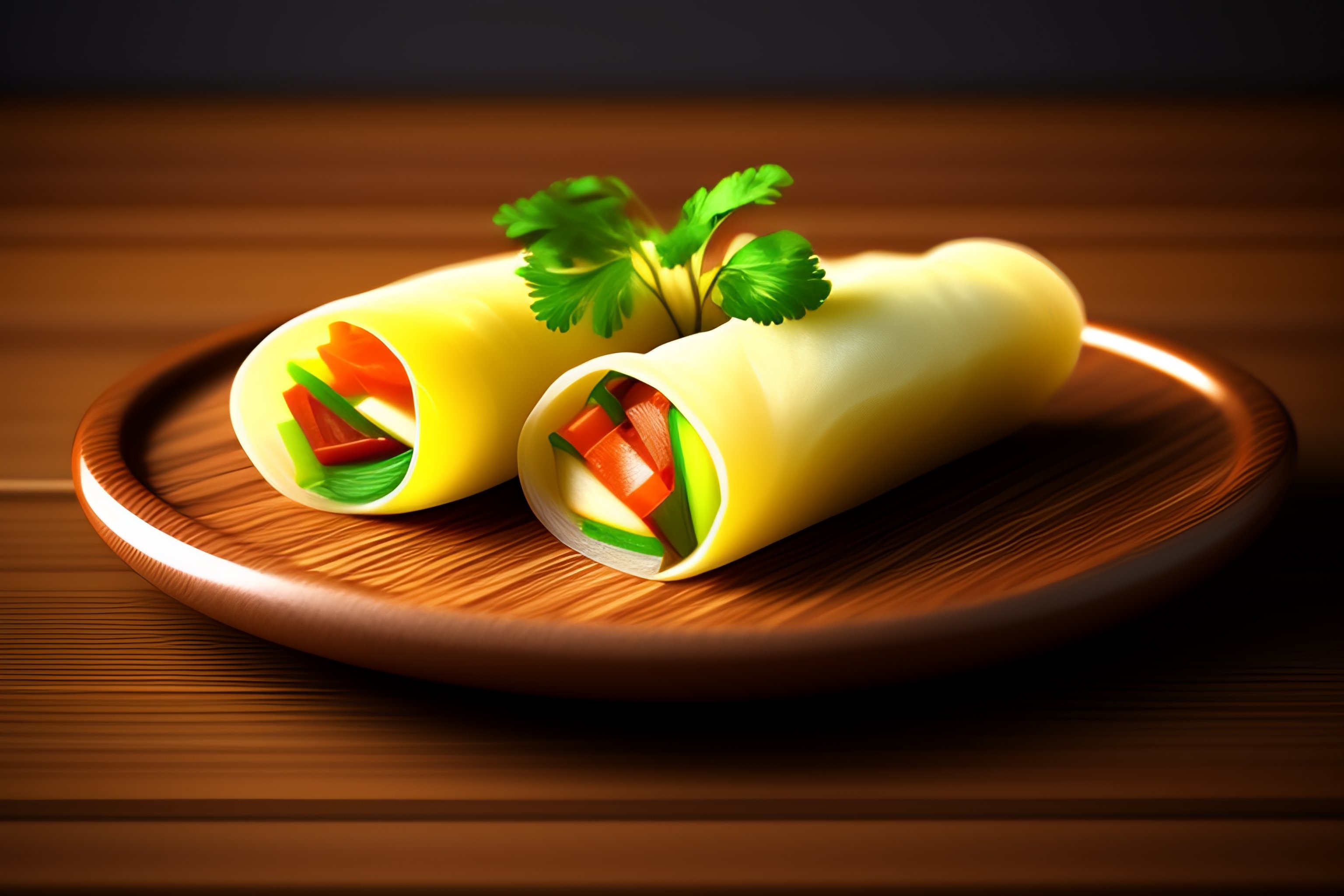 Lexica - 3D render of Vietnamese spring rolls placed on a wood plate ...