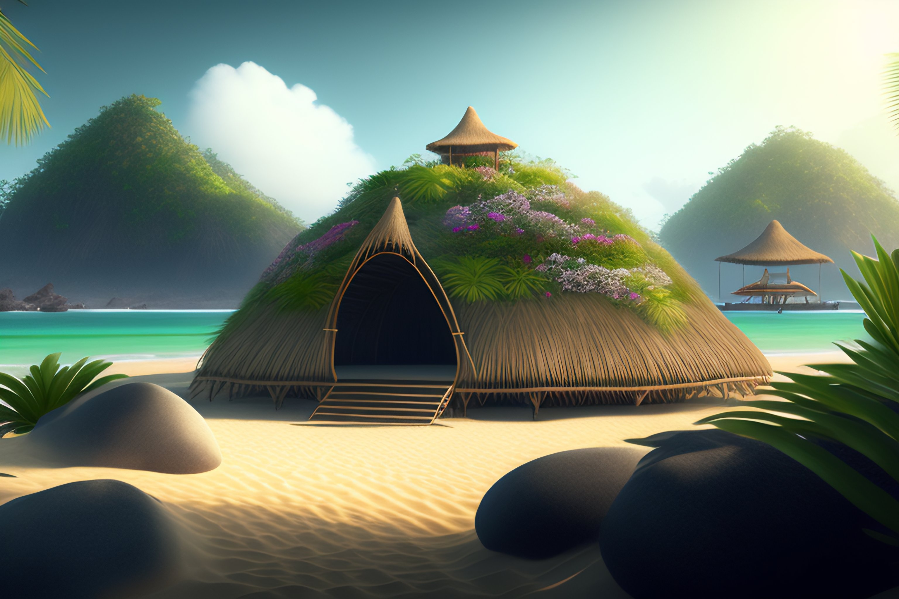 Lexica - Giant hut bamboo on tropical island beach yucca giant shells ...