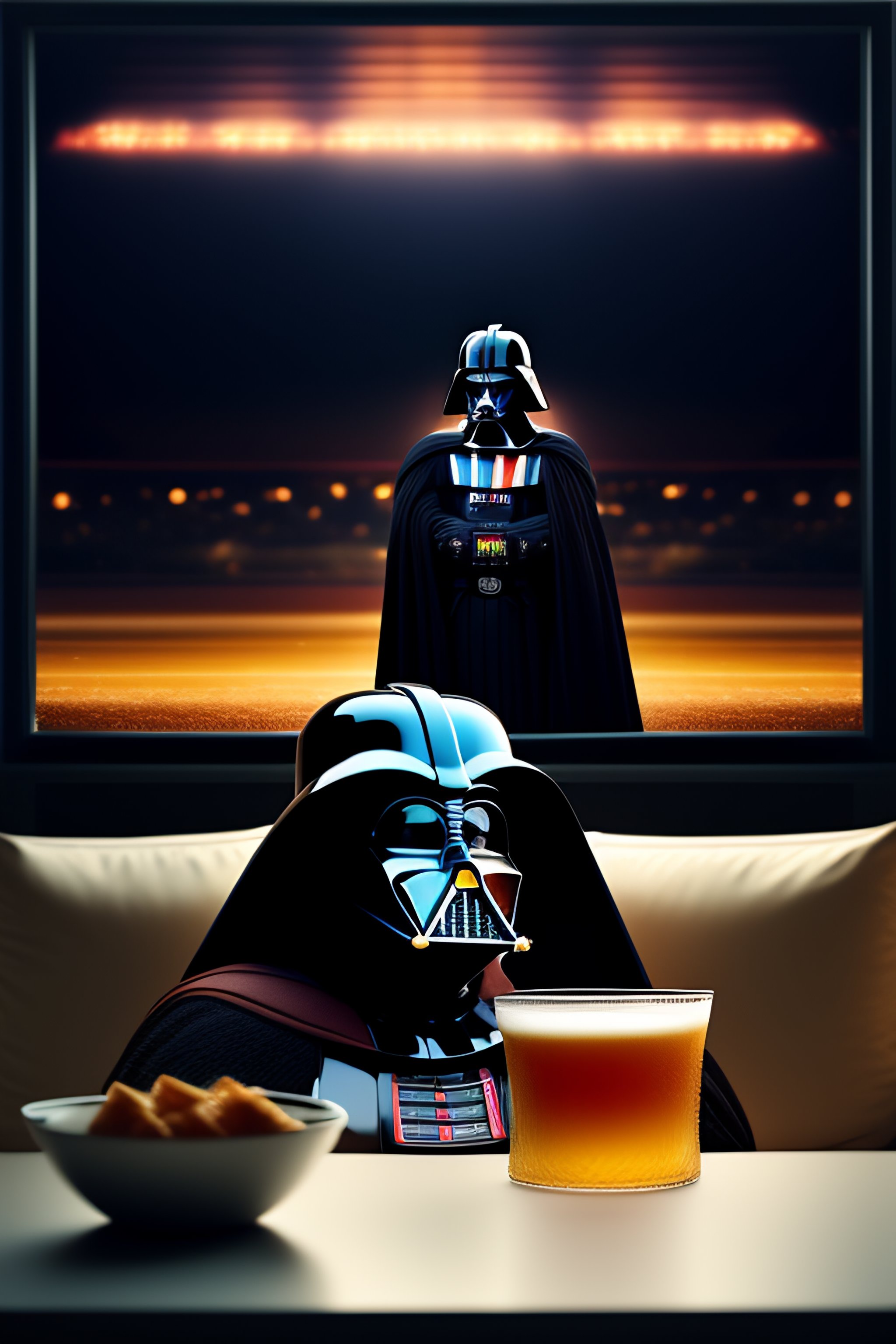 Lexica - Darth Vader eating a sandwich in a couch in the night, the tv ...